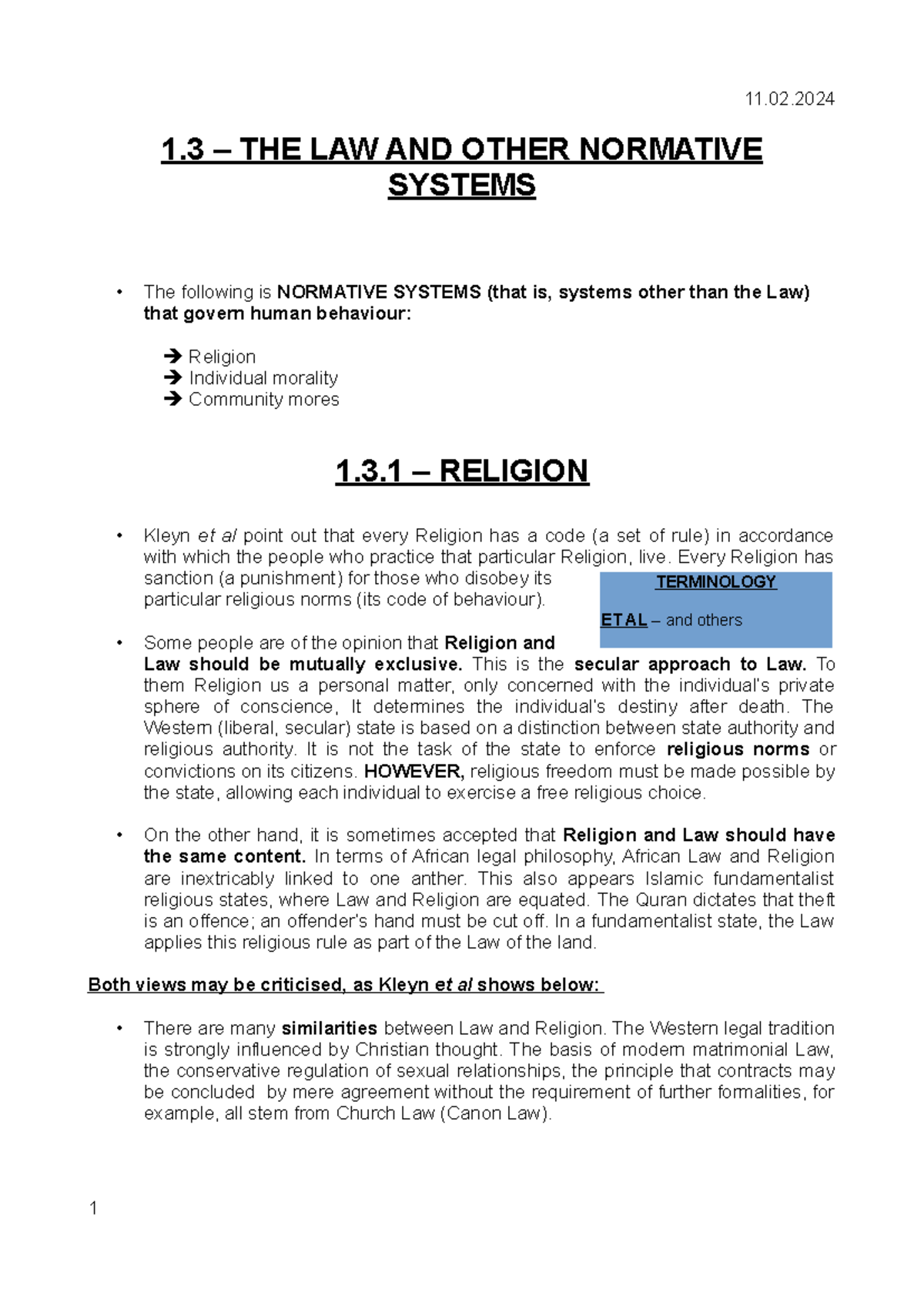 The Law and other Normative systems - 1 – THE LAW AND OTHER NORMATIVE SYSTEMS • The following is ...