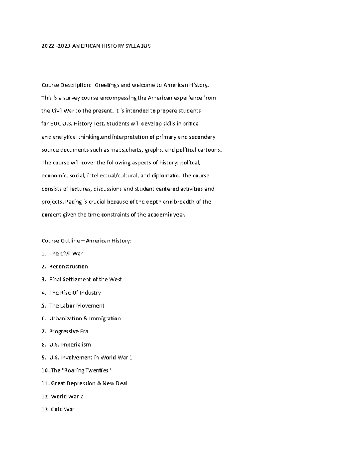 2022American History Syllabus - 2022 -2023 AMERICAN HISTORY SYLLABUS ...