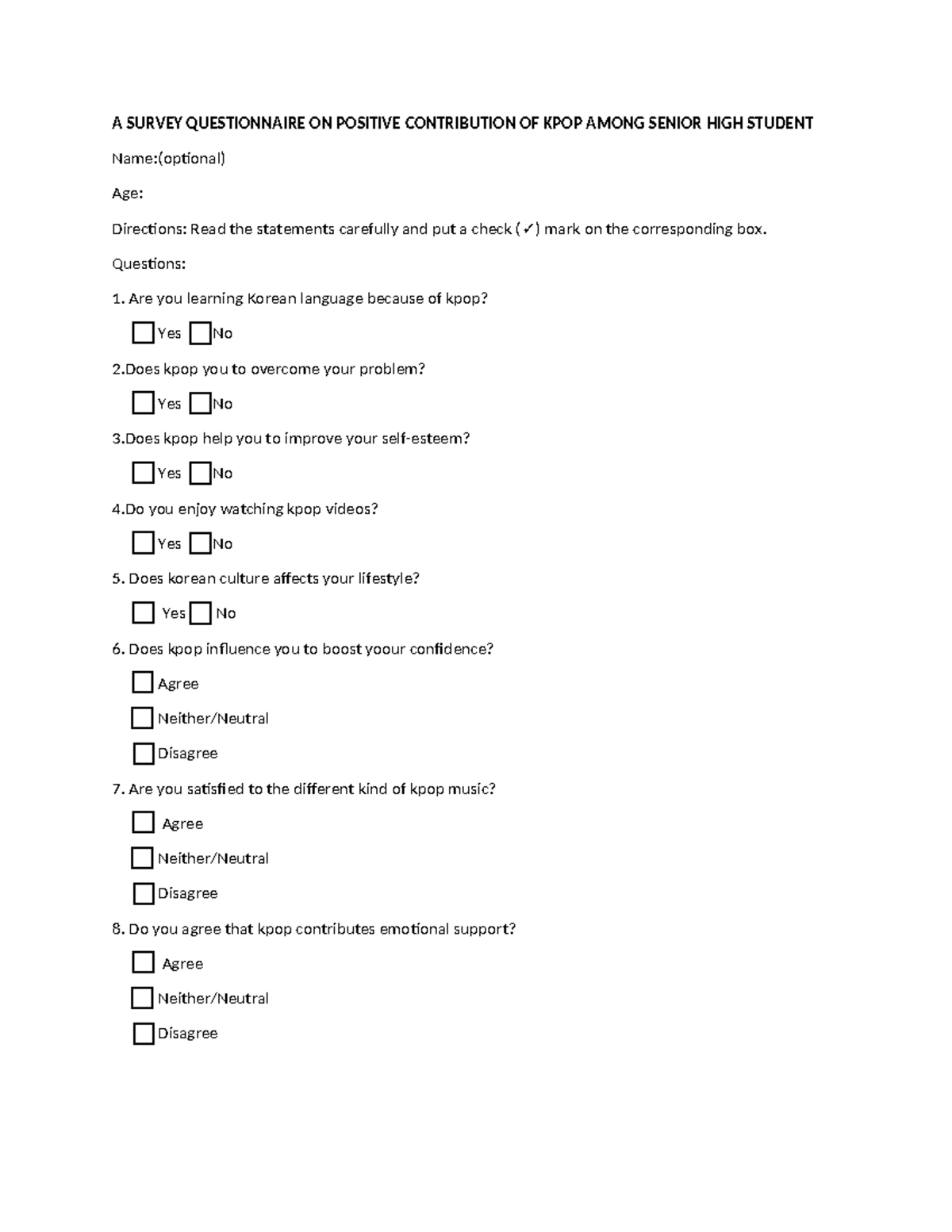 A Survey Questionnaire ON Positive Contribution OF KPOP Among Senior ...