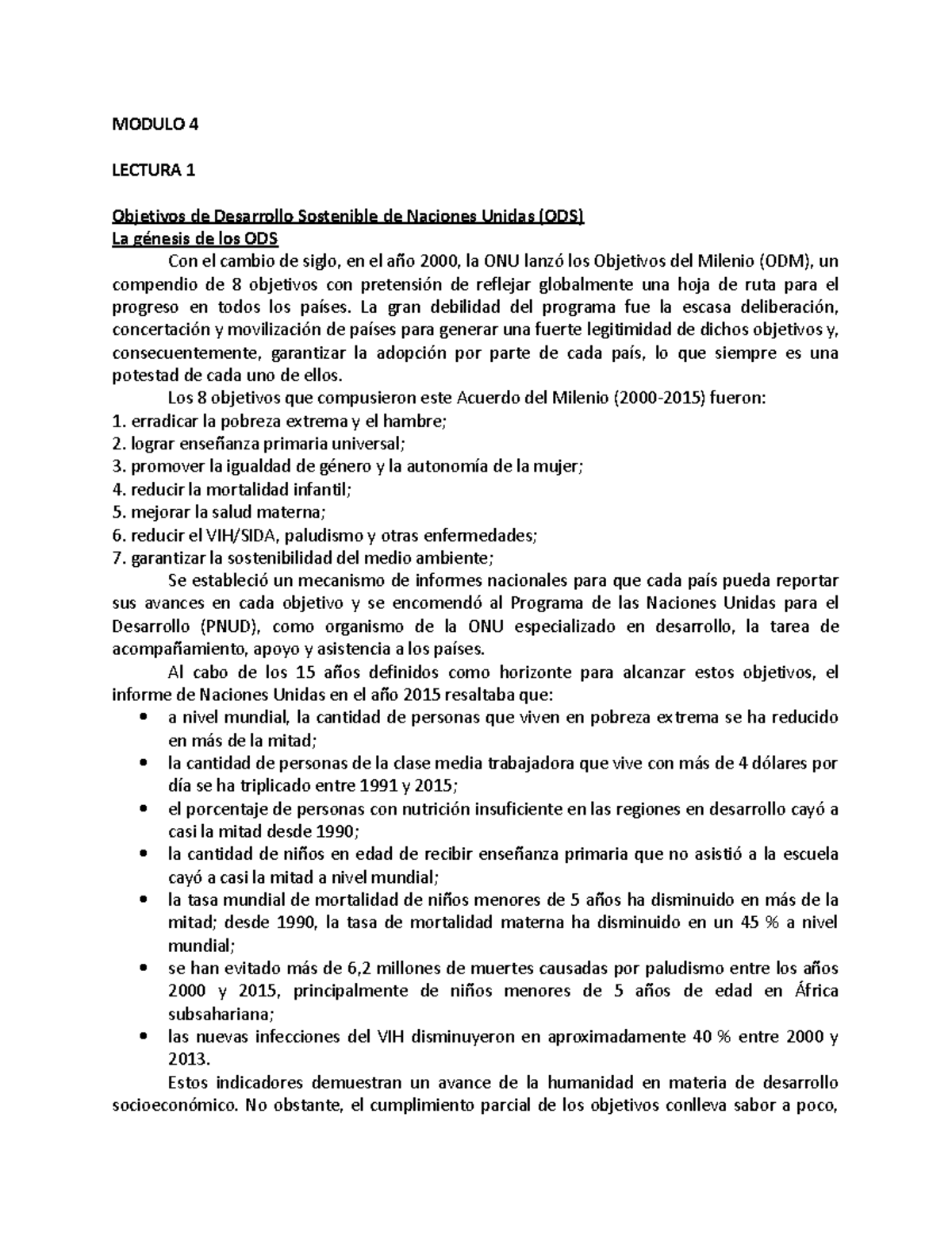 Modulo 4 - Módulo 4 - MODULO 4 LECTURA 1 Objetivos de Desarrollo Sostenible de Naciones Unidas ...