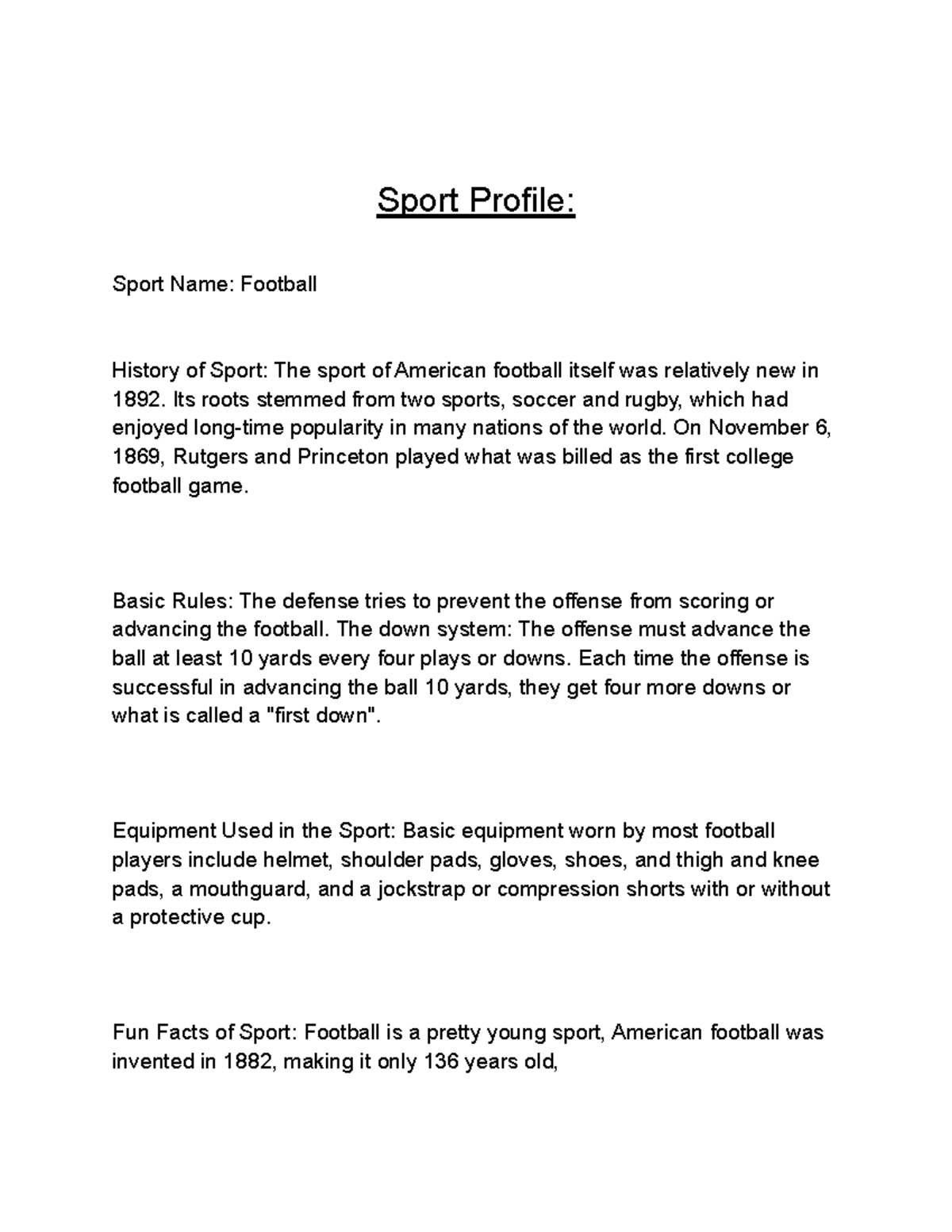 - Sports Profile #1 - Prof j - Sport Profile: Sport Name: Football ...