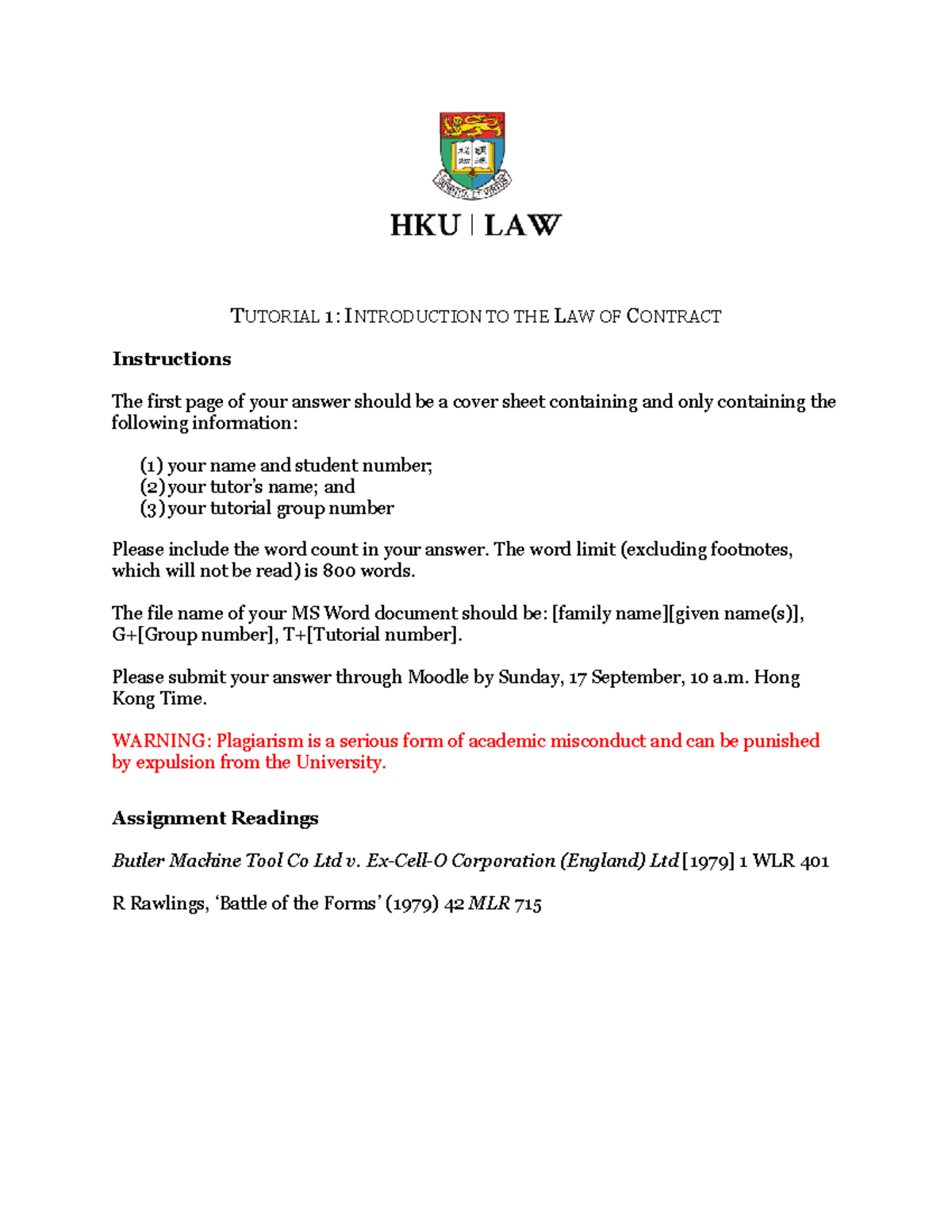 Tutorial 1 - TUTORIAL 1: INTRODUCTION TO THE LAW OF CONTRACT ...