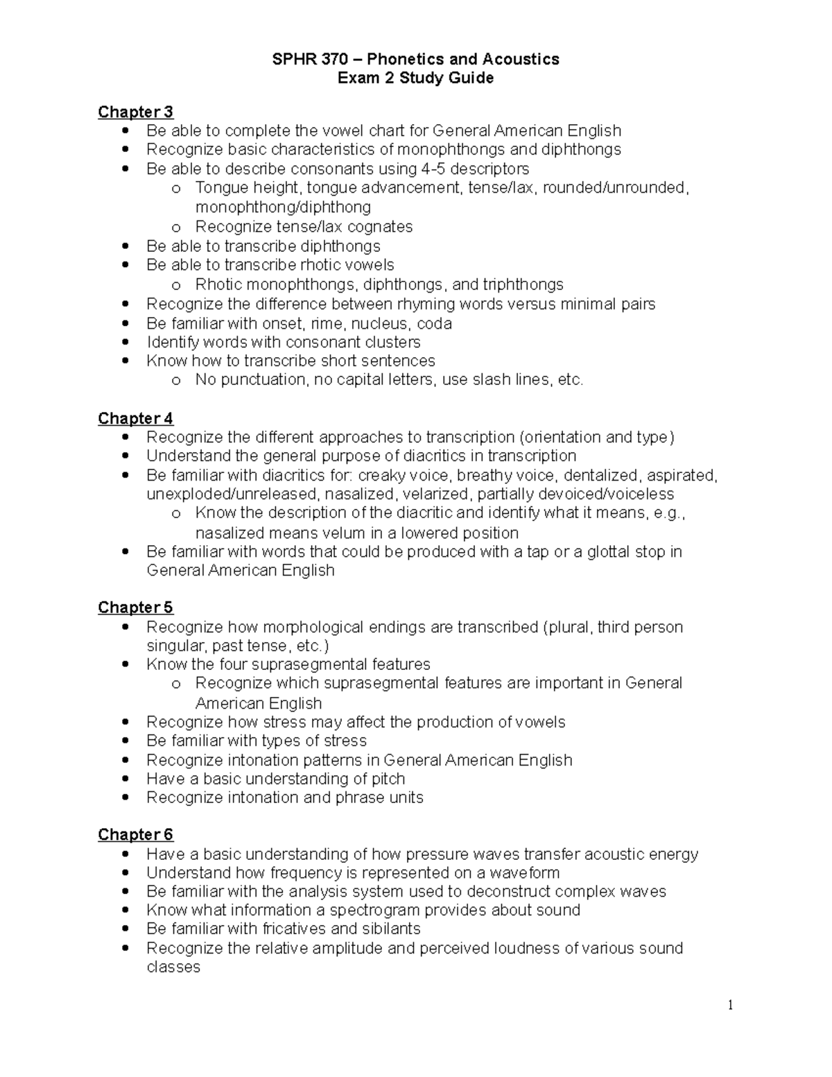 SPHR 370 Exam 2 Study Guide - SPHR 370 – Phonetics and Acoustics Exam 2 ...