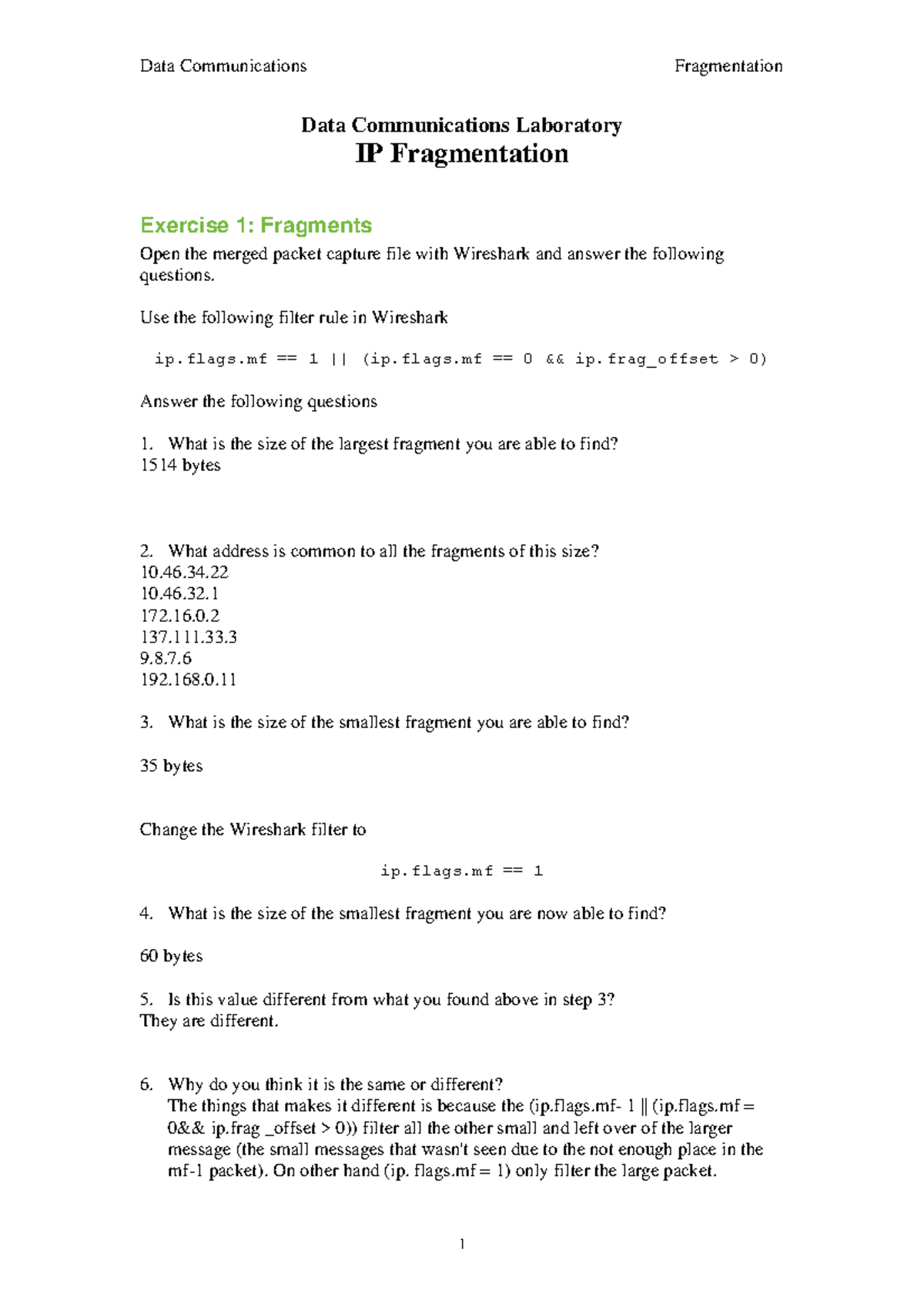 Practical - IP Fragmentation - Documentation Template - Data Communications Laboratory IP - Studocu