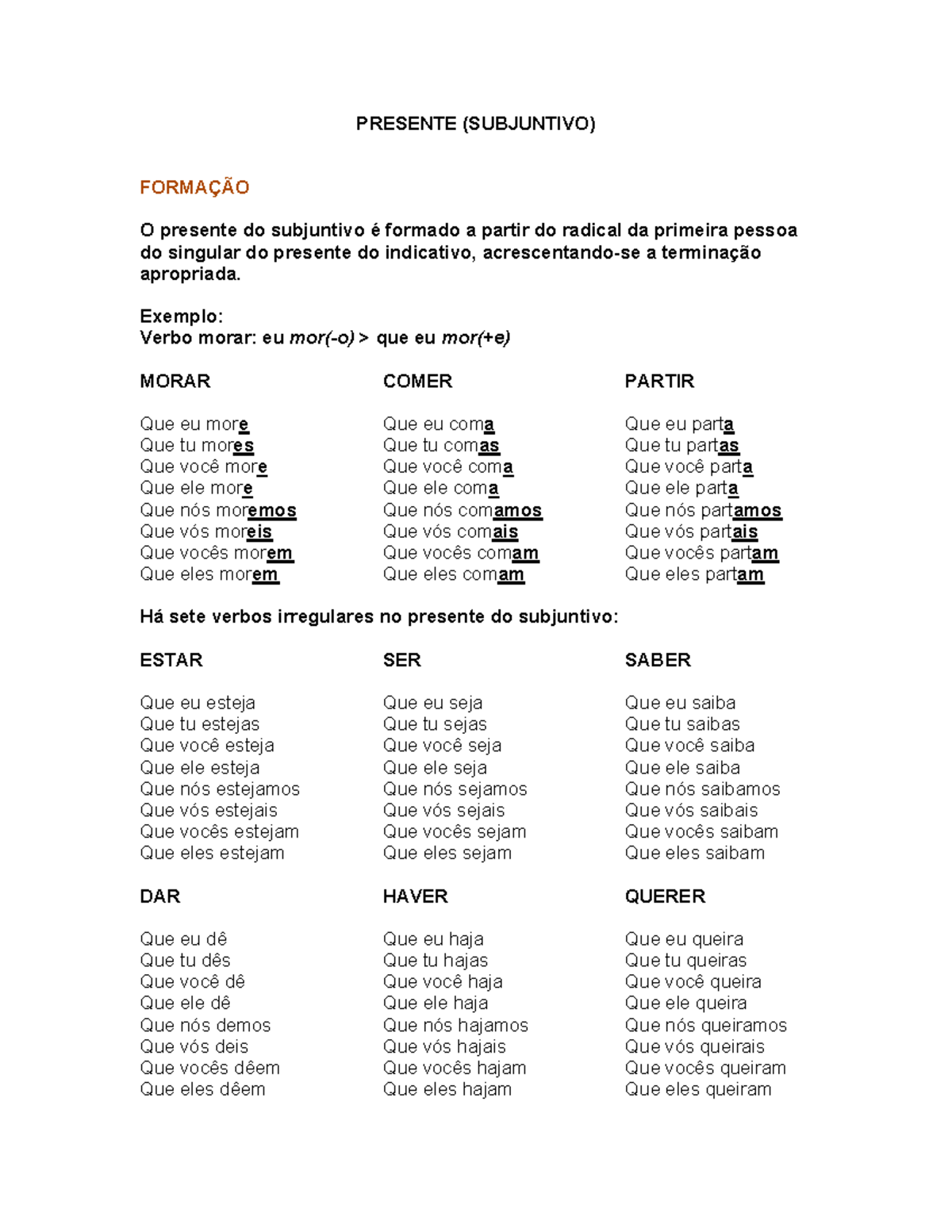 Presente ( Subjuntivo) - PRESENTE (SUBJUNTIVO) FORMAÇÃO O presente do ...