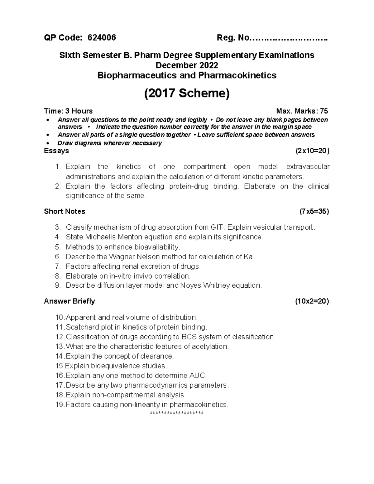 Sixth semester question paper - Sixth Semester B. Pharm Degree ...