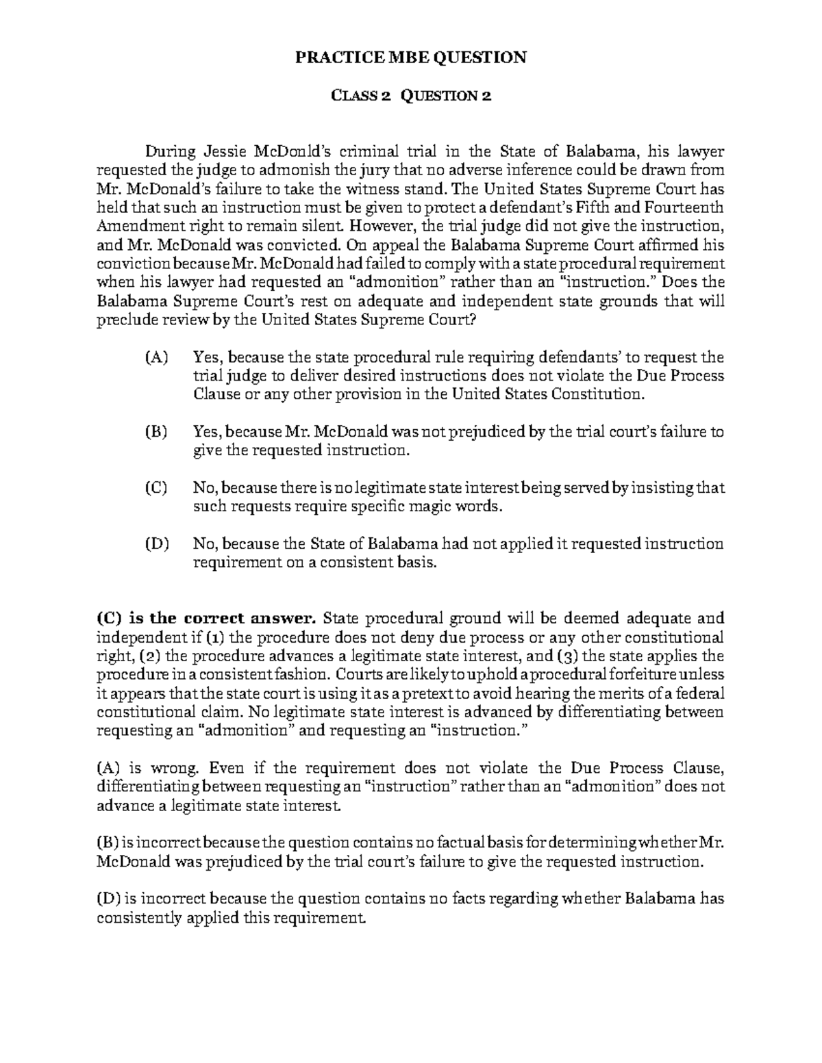 Class 02 Question 2A - PRACTICE MBE QUESTION CLASS 2 QUESTION 2 During ...