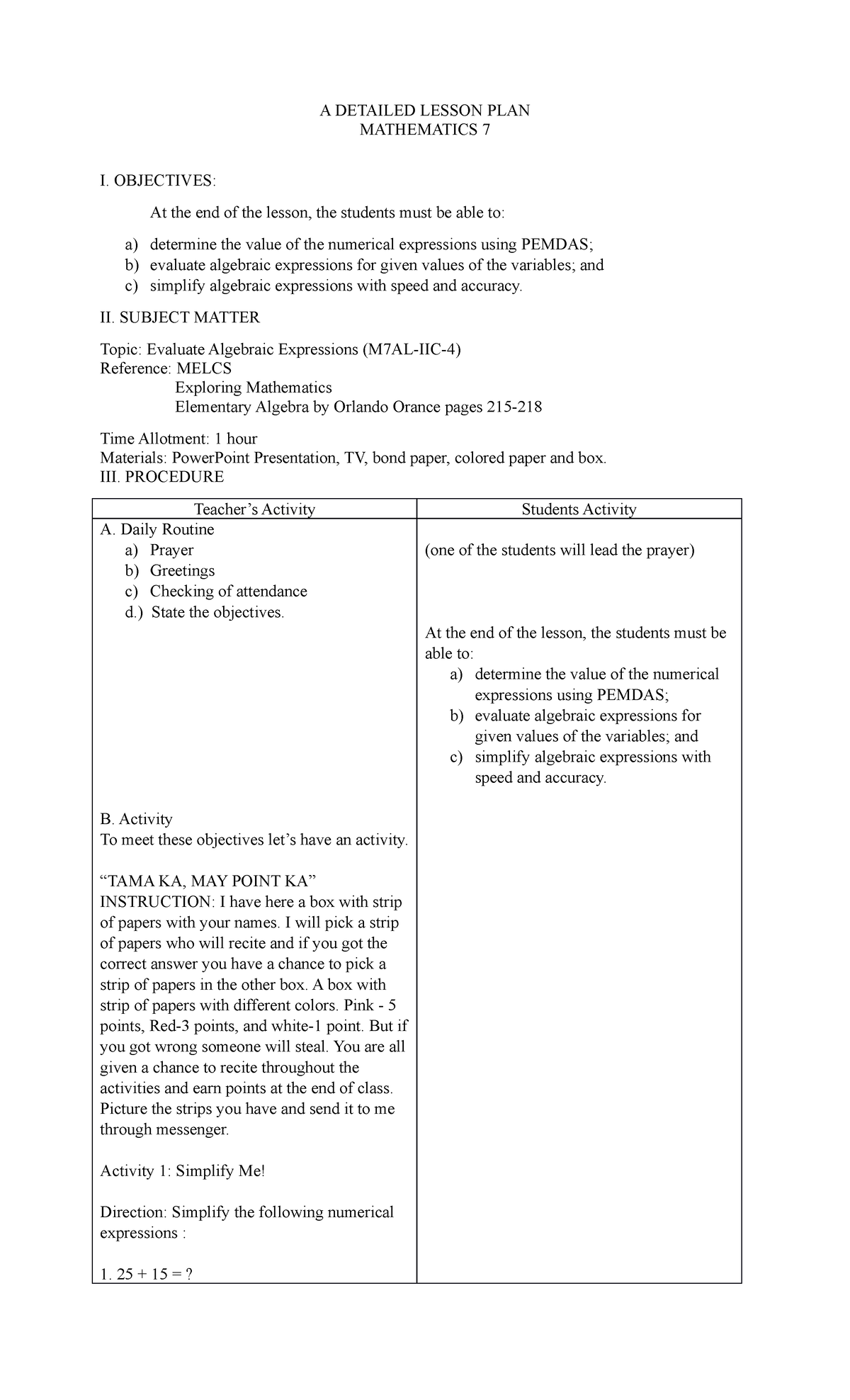 Detailed Lesson plan-math 4A'S - A DETAILED LESSON PLAN MATHEMATICS 7 I ...