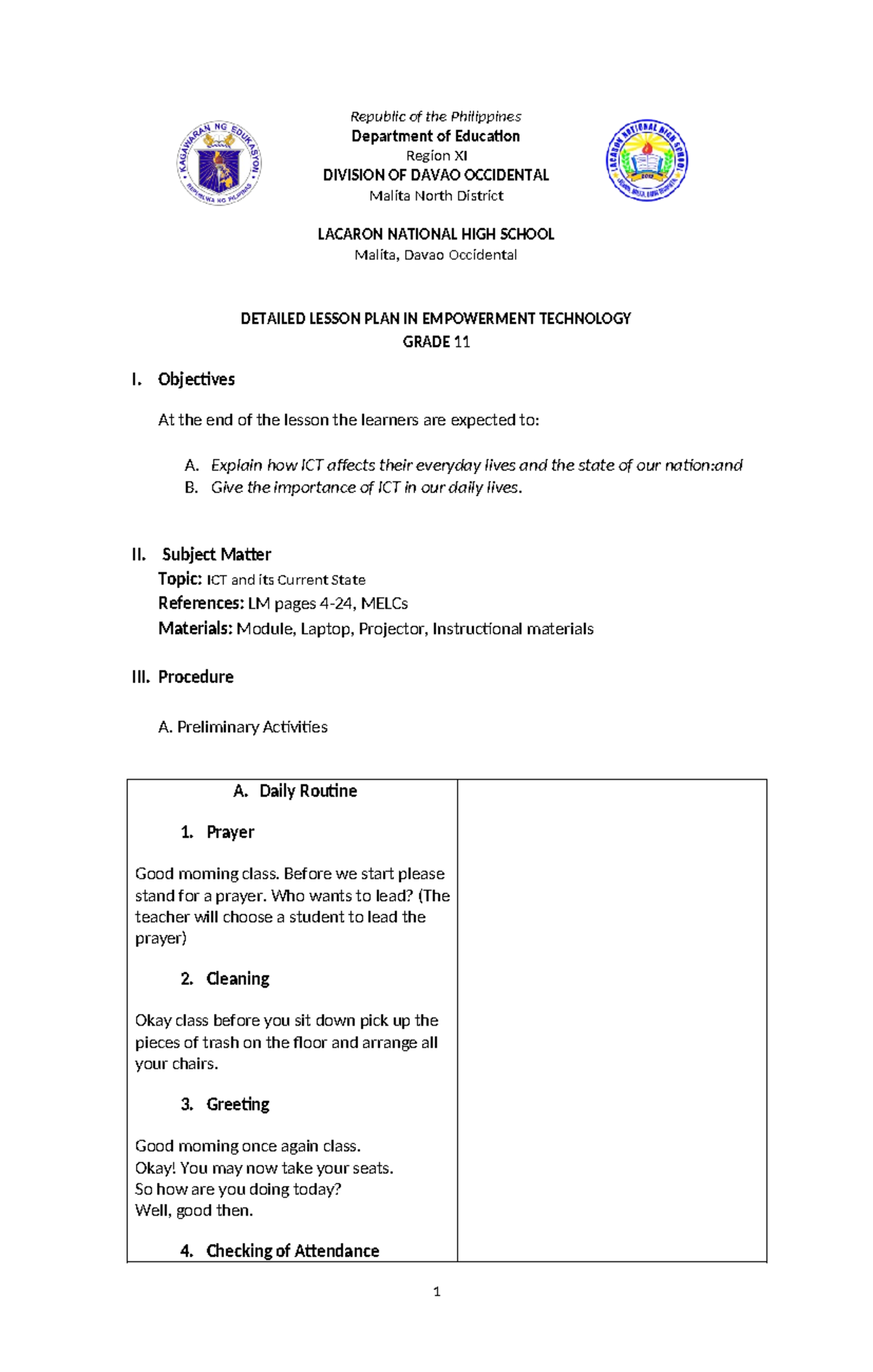 Detailed Lesson Plan for ICT - Republic of the Philippines Department ...
