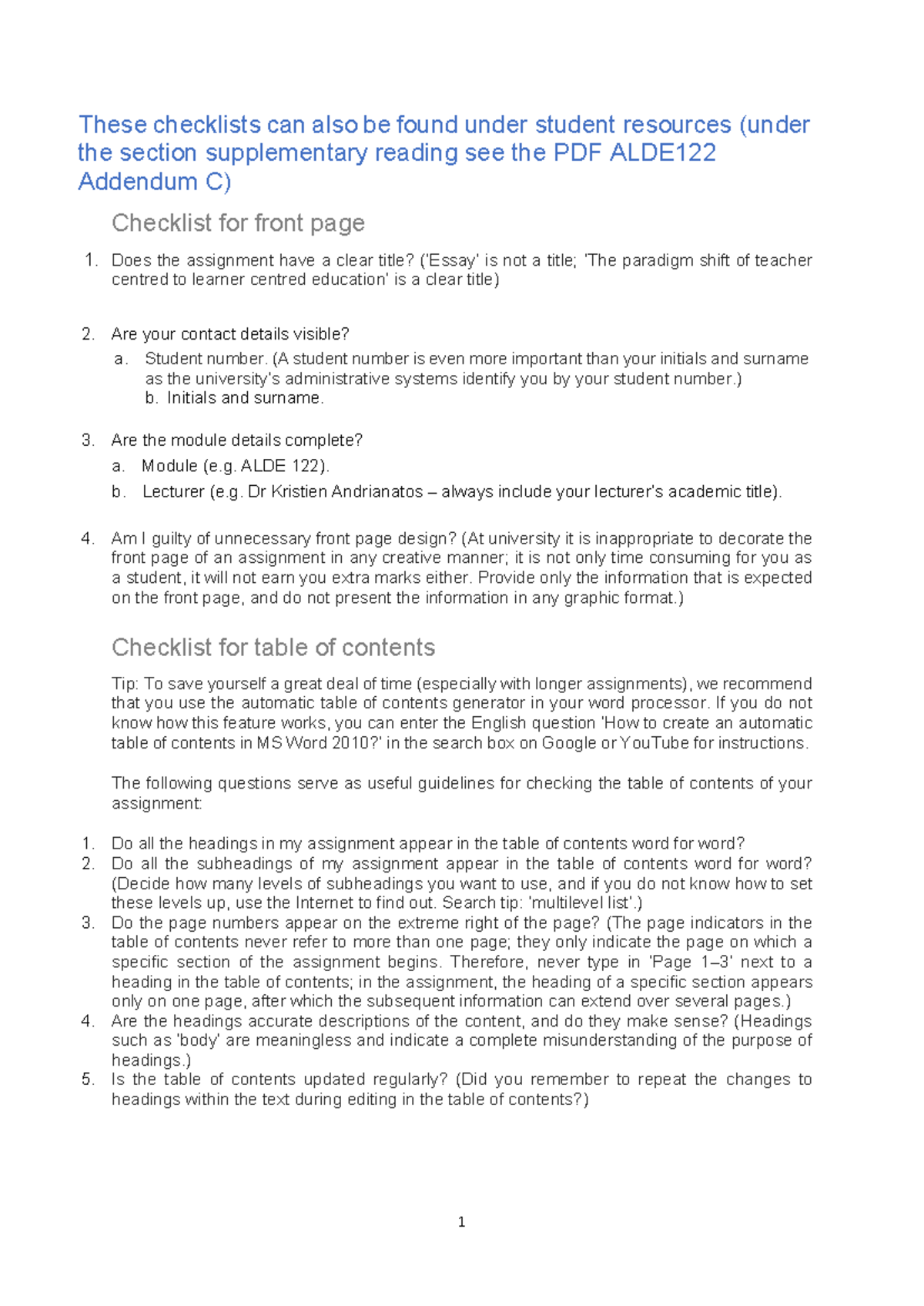 Checklist for ALDE122 argumentative essay - 1 These checklists can also ...