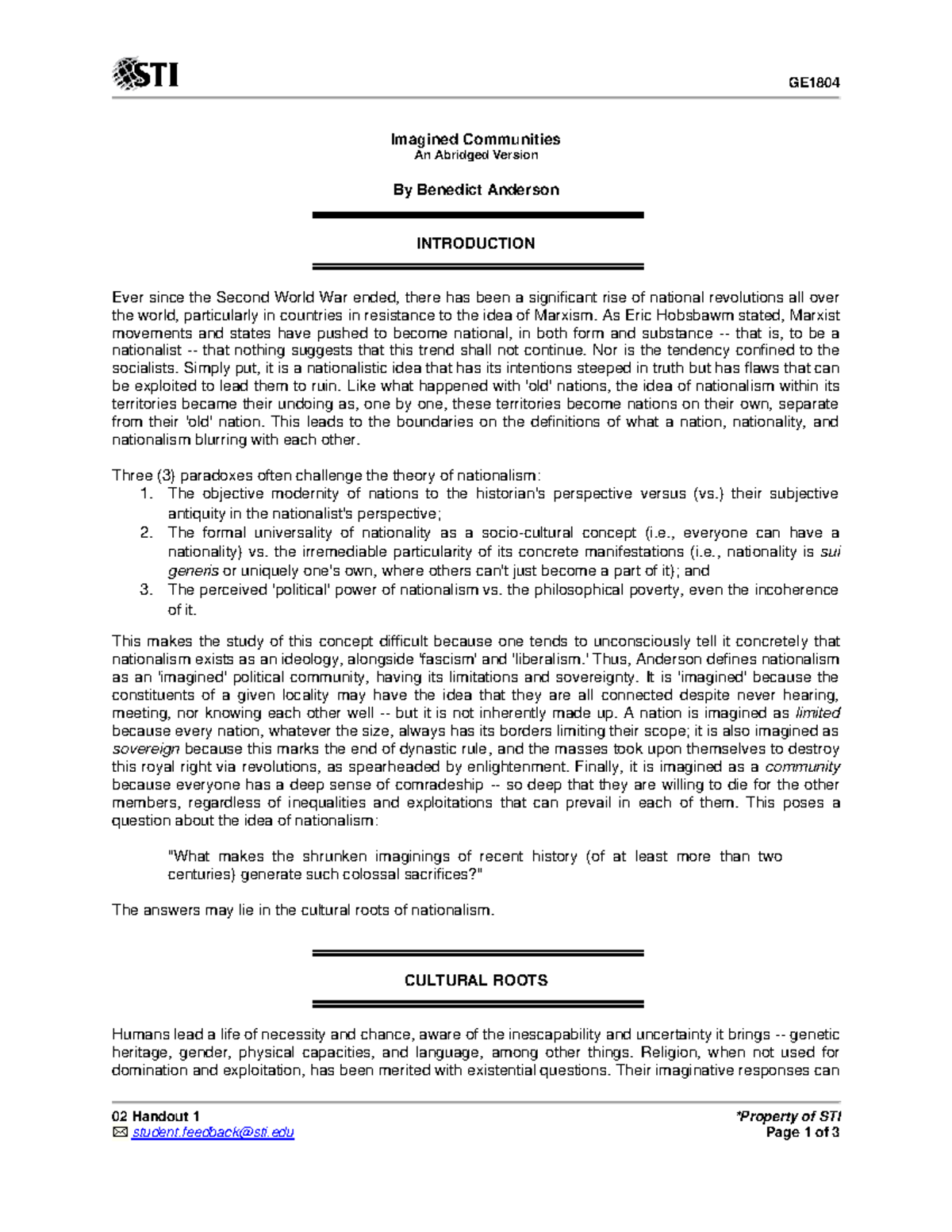 02 Handout 1(13) - GE 02 Handout 1 *Property of STI student@sti Page 1 of 3 Imagined Communities ...