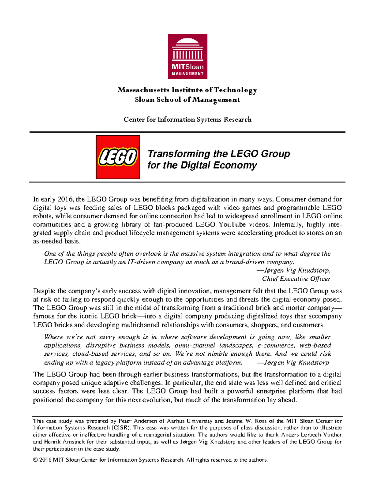 Caso 2. MIT Transforming the LEGO Group for the Digital Economy - This ...