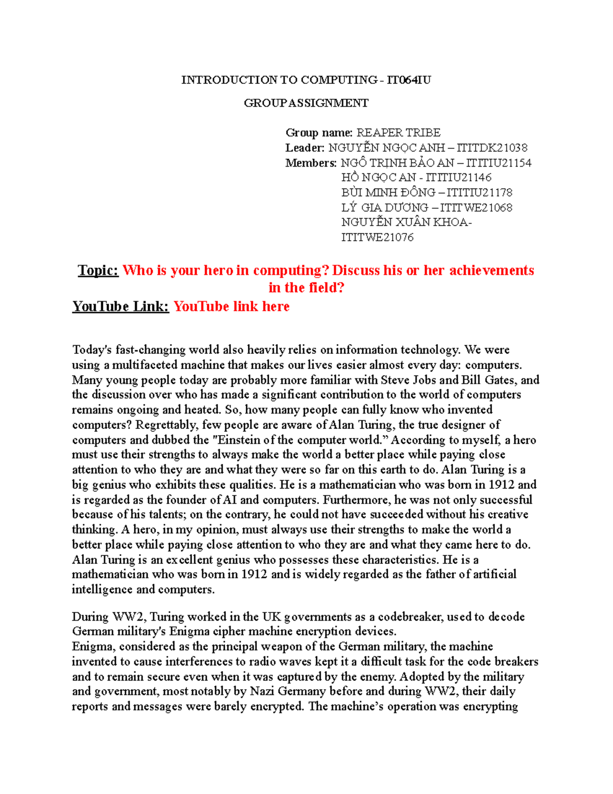 Group- Assignment - INTRODUCTION TO COMPUTING - IT064IU GROUP ASSIGNMENT Group name: REAPER ...