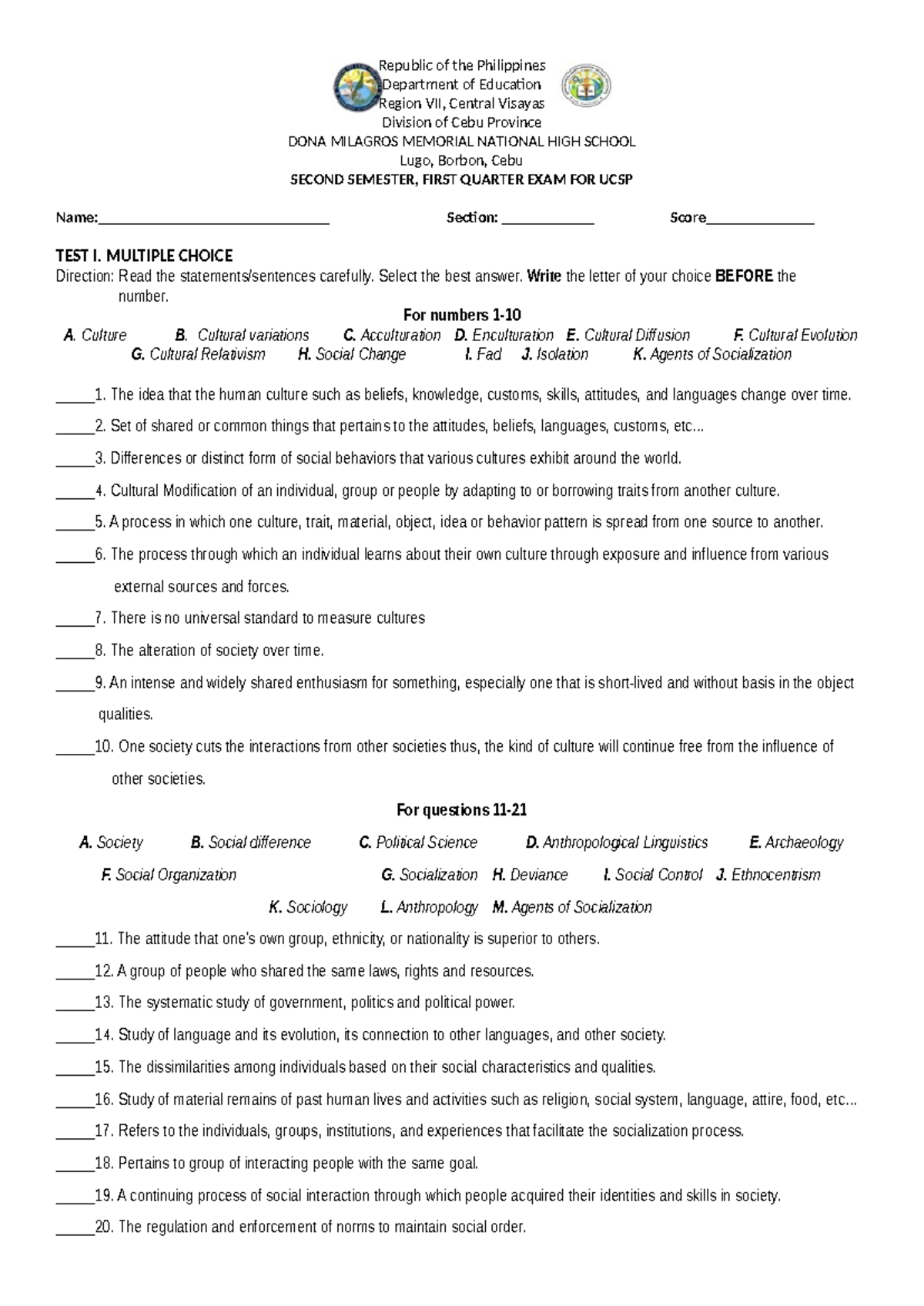 3rd quarter exam in ucsp - Republic of the Philippines Department of ...
