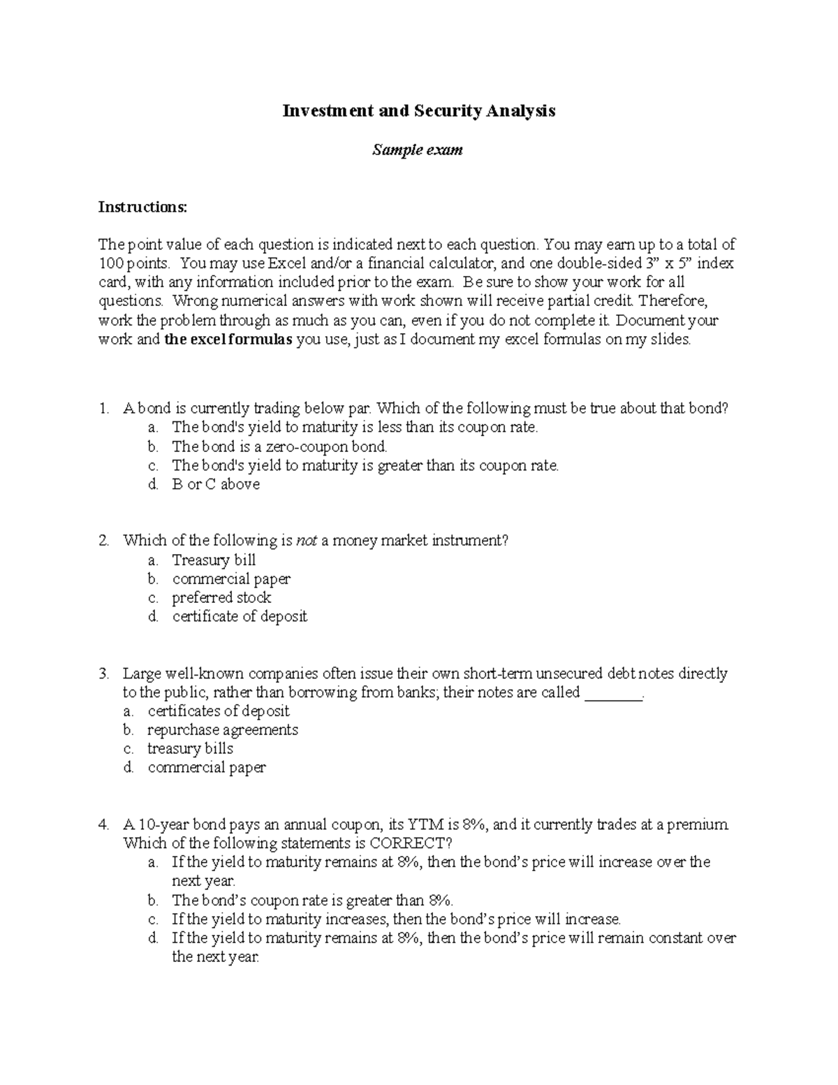 Exam 1 Sample Exam - fef - Investment and Security Analysis Sample exam ...