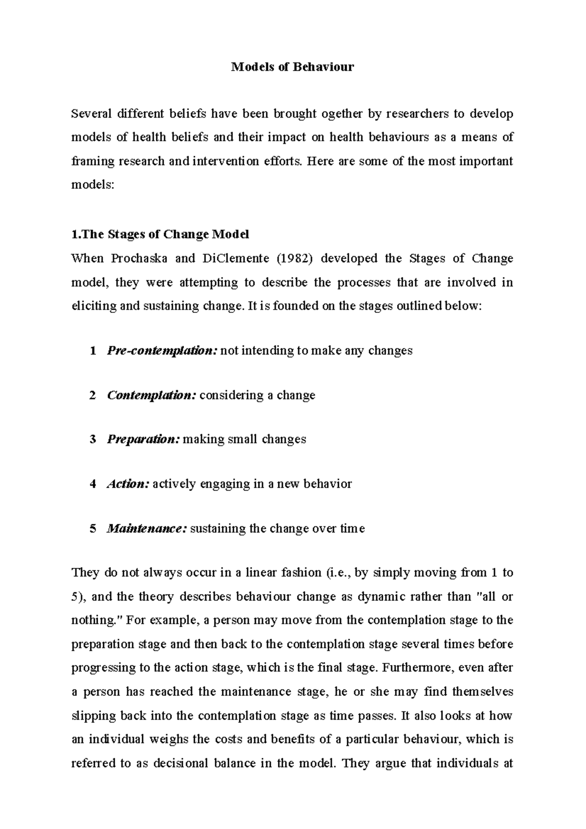 Models of Behavior - Lecture notes 2 - Health Psychology - Studocu