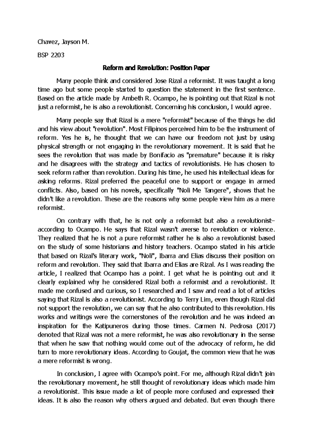 Rizal Reform AND Revolution - Chavez, Jayson M. BSP 2203 Reform and ...