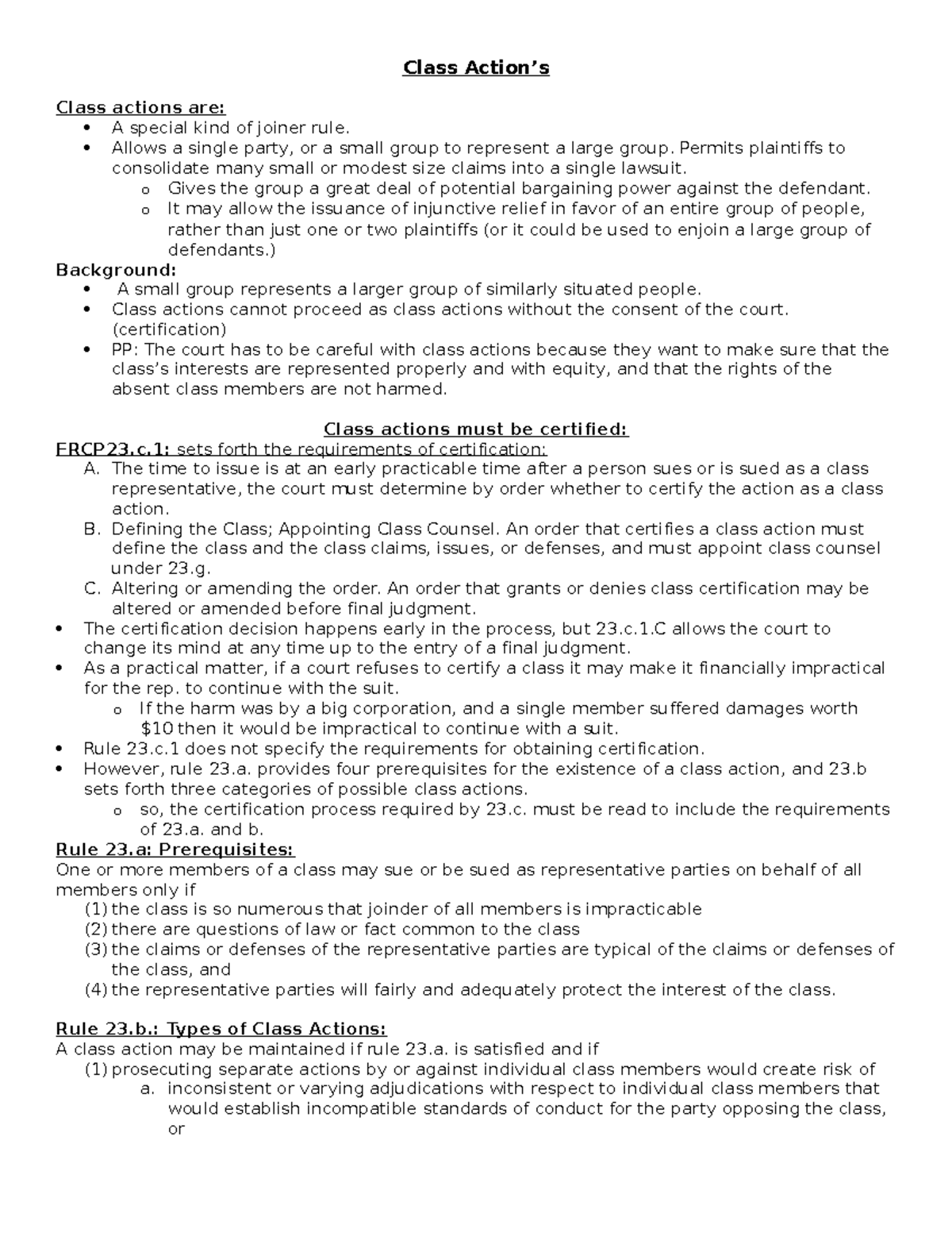 Civil procedure 2 outline - Class Action’s Class actions are: A special ...