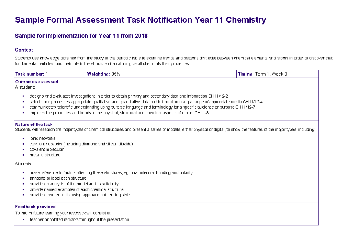 Chemistry stage 6 year 11 sample assessment task module 1 model making ...
