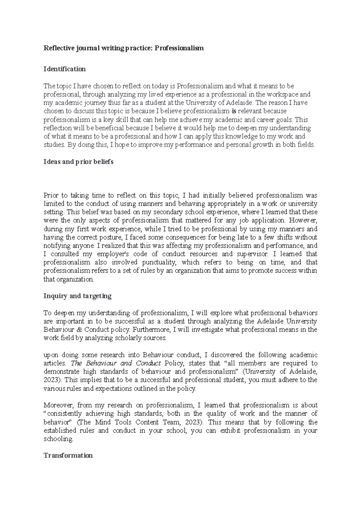 Reflective writing - Reflective journal writing practice ...