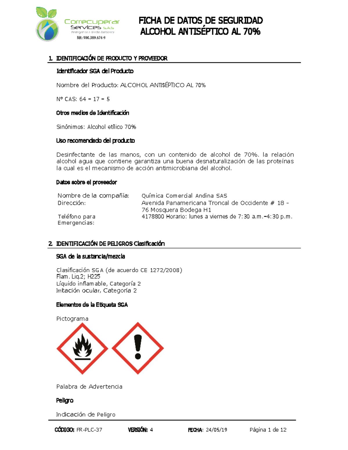 Ficha DE Seguridad Alcohol Etilico - Gestion de la calidad - UNILLANOS ...