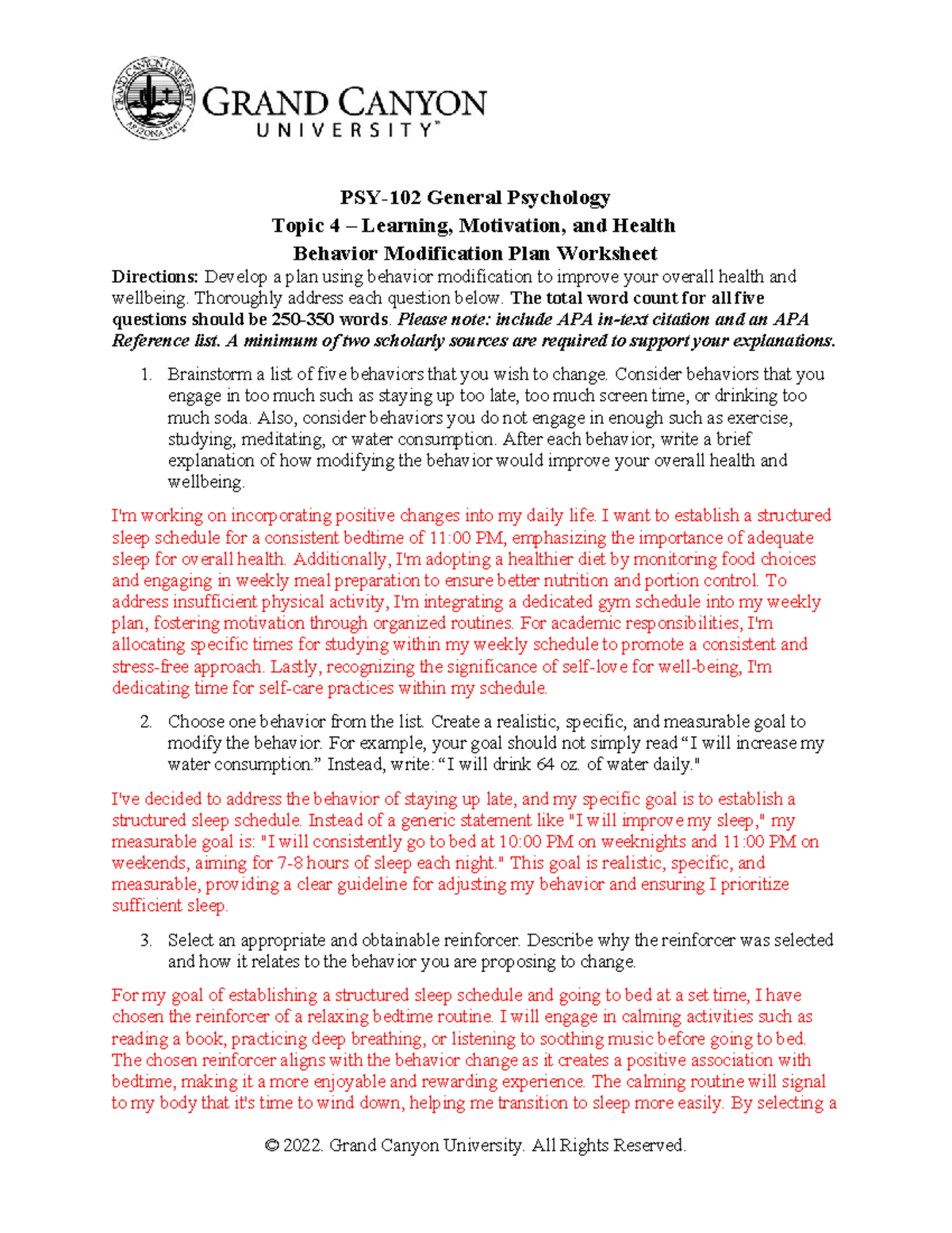 PSY 102 RS T4 Behavior Modification Plan - PSY-102 General Psychology ...