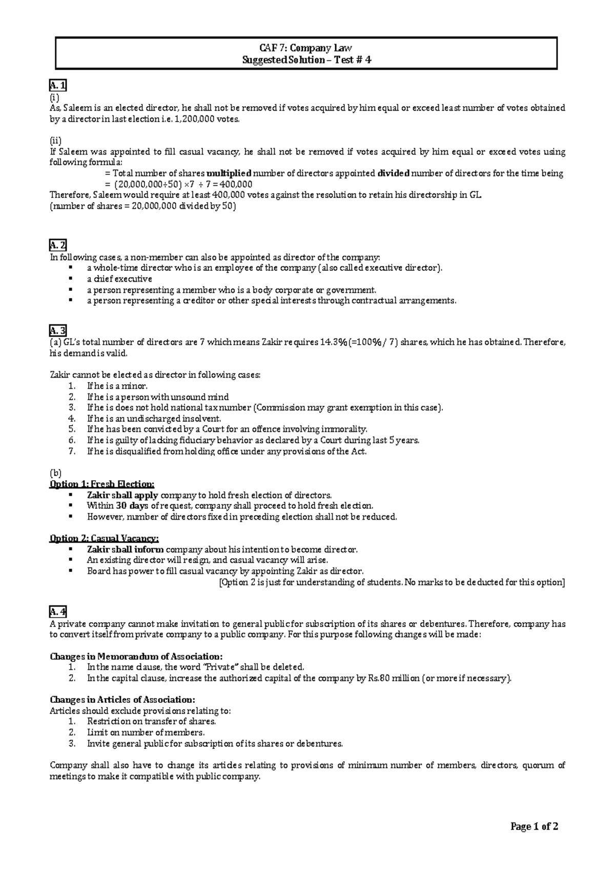 Null-7 - notes - CAF 7 : Company Law Suggested Solution – Test # 4 Page ...