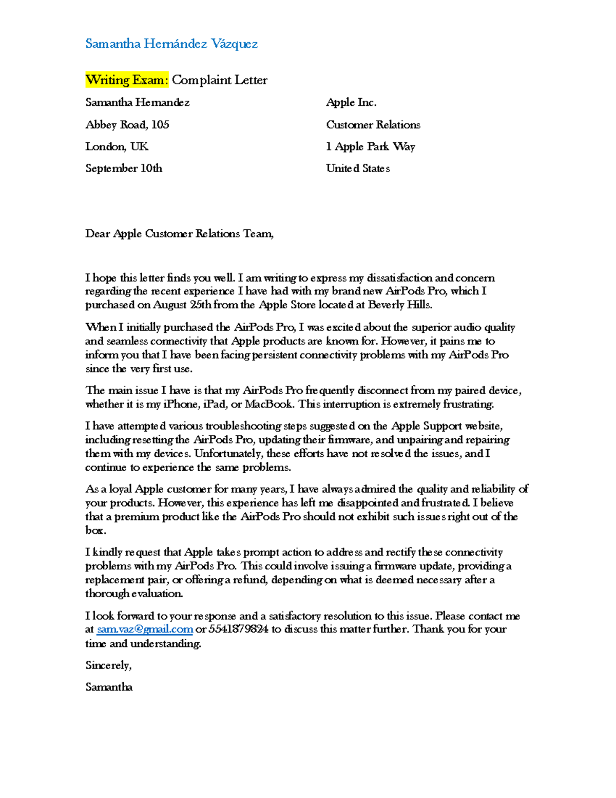 Writing Exam - Samantha Hernández Vázquez Writing Exam: Complaint ...