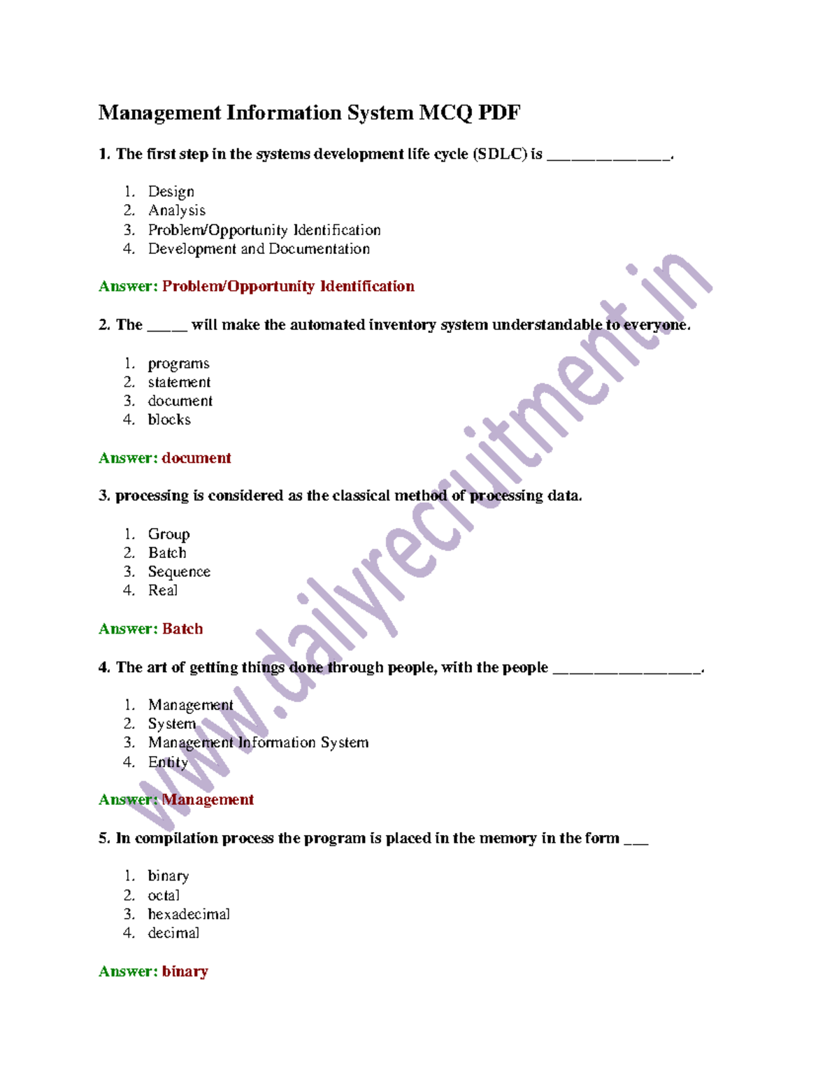 Management Information System MCQ PDF 1 - Design Analysis Problem ...