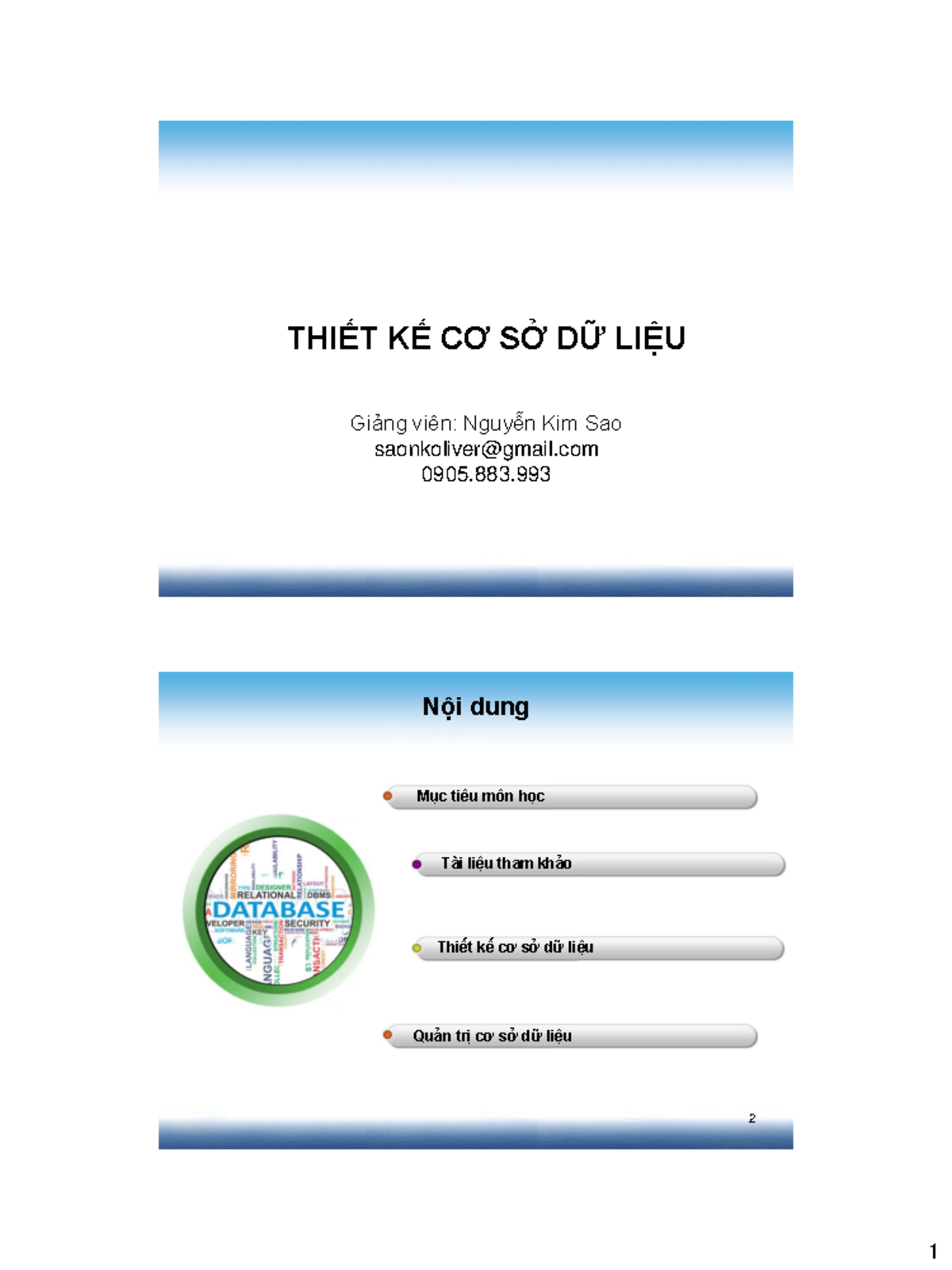 Chuong 1 Thiet Ke CSDL - fgj - THI¾T K¾ C¡ Sà Dþ LIÞU Giảng viên: Nguyễn Kim Sao saonkoliver ...