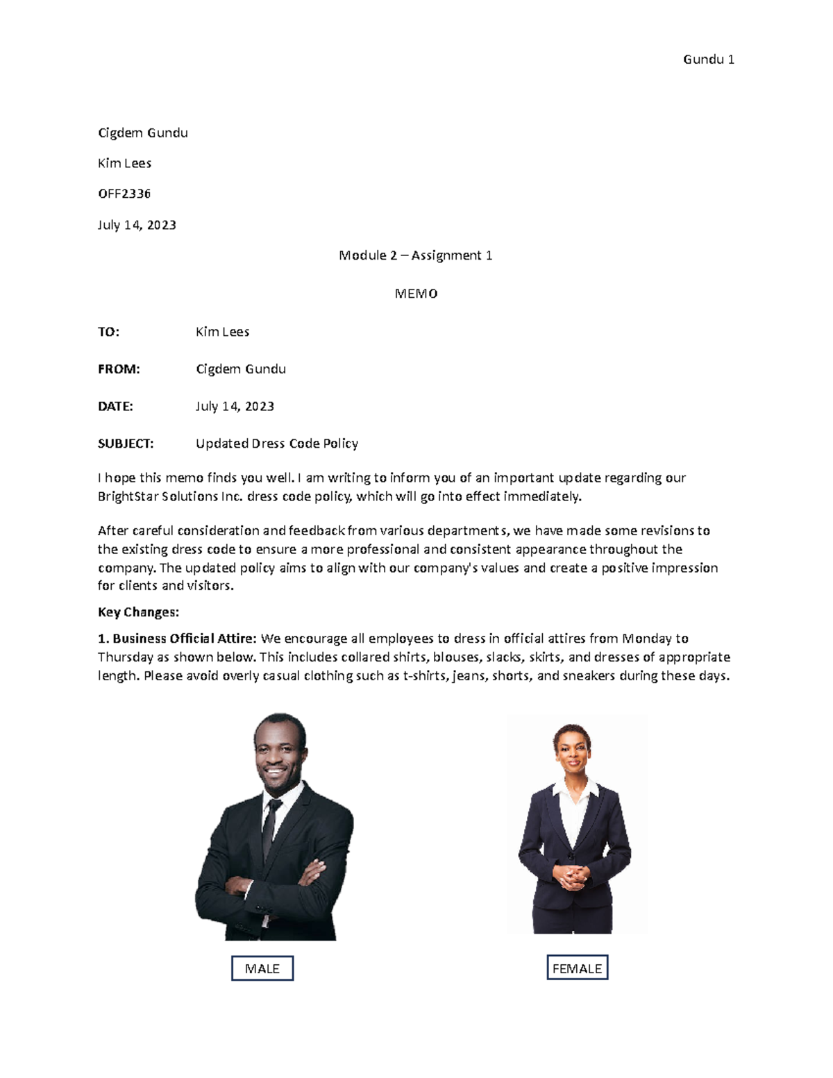 Module 2 - Assignment 1 Memo - Gundu 1 Cigdem Gundu Kim Lees OFF July ...