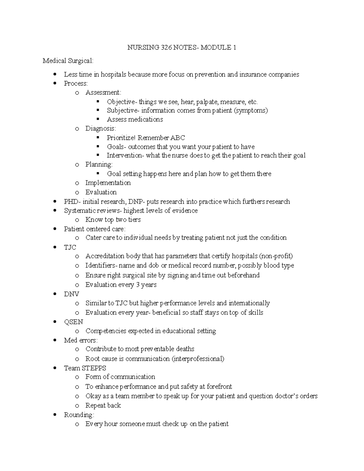 Nursing 326 Notes- Module 1 - NSG 326 - UNC Wilmington - Studocu