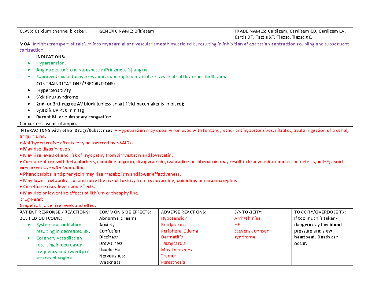 Diltiazem - CLASS: Calcium channel blocker. GENERIC NAME: Diltiazem ...