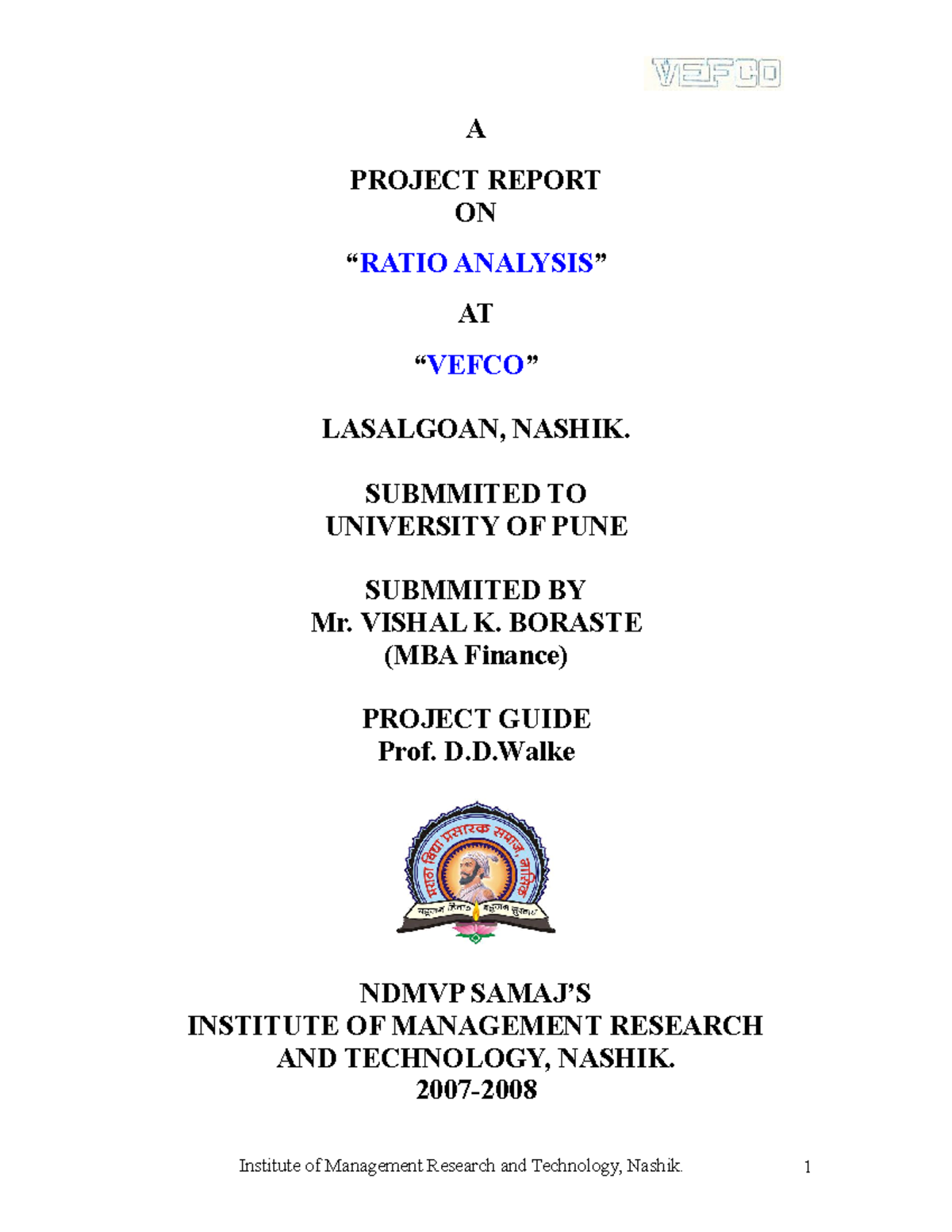 151290294-A Project Report ON Ratio Analysis AT “ Vefco” - A PROJECT ...
