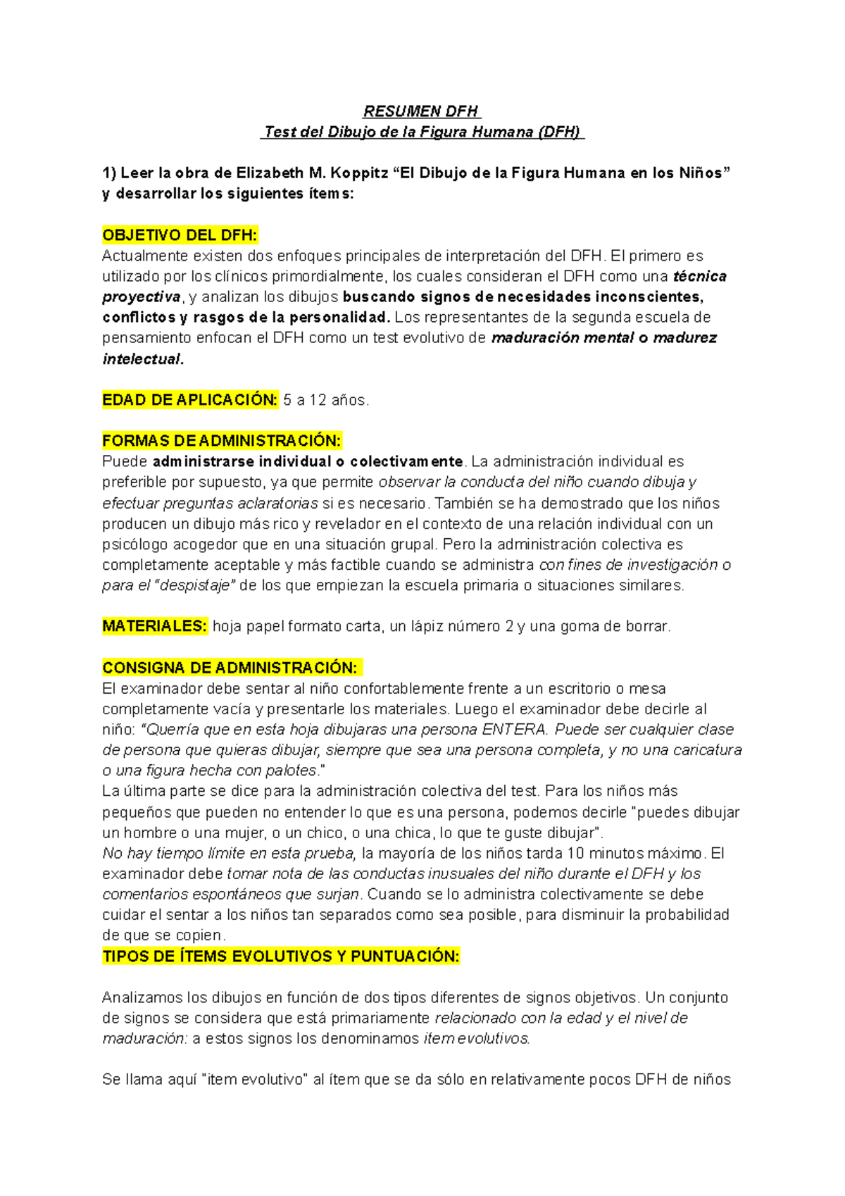Resumen DFH - RESUMEN DFH Test del Dibujo de la Figura Humana (DFH ...