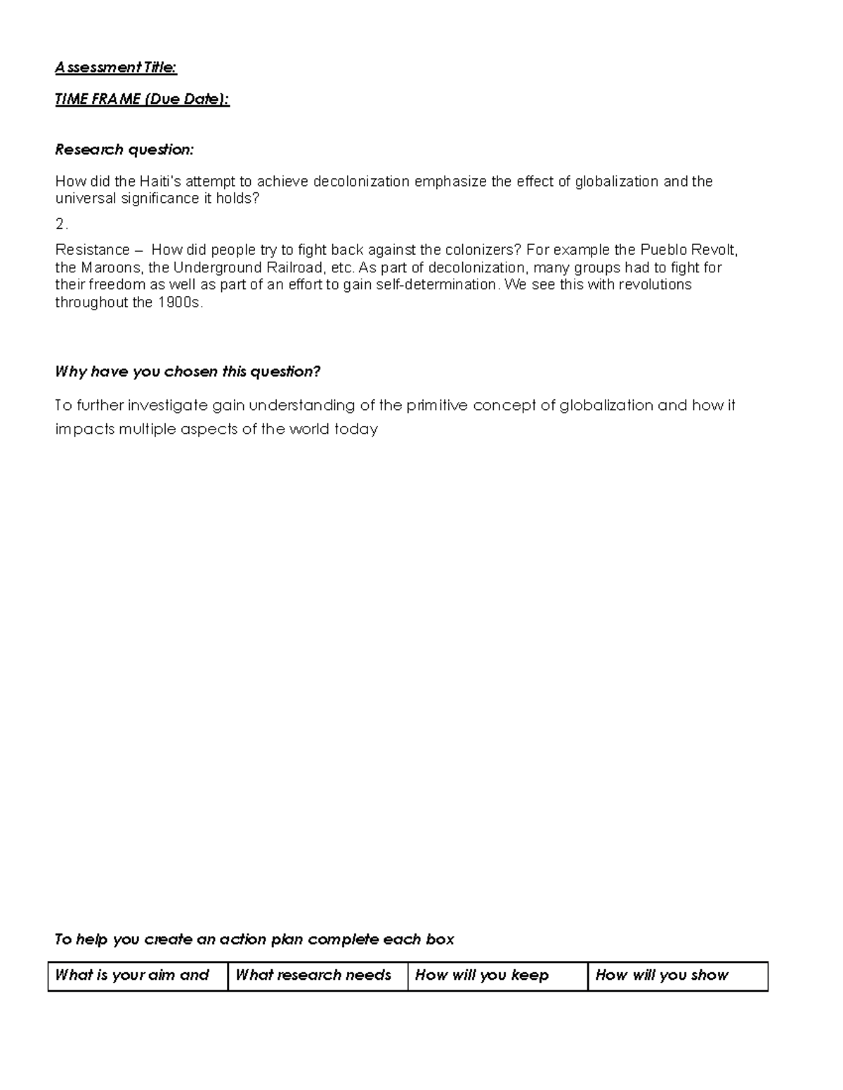 Copy of MYP Action Plan - Sophia - Assessment Title: TIME FRAME (Due ...
