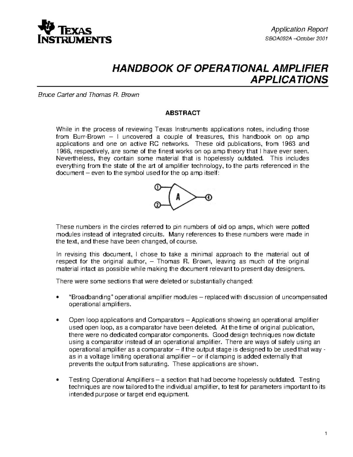 Opamphandbook - Application Report SBOA092A –October 2001 1 HANDBOOK OF OPERATIONAL AMPLIFIER ...