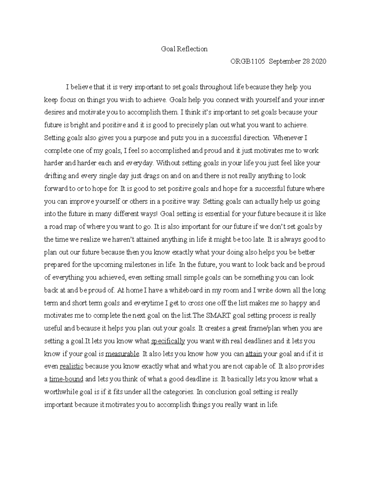 Goals Paragraph assignment - Goal Reflection ORGB1105 September 28 2020 ...