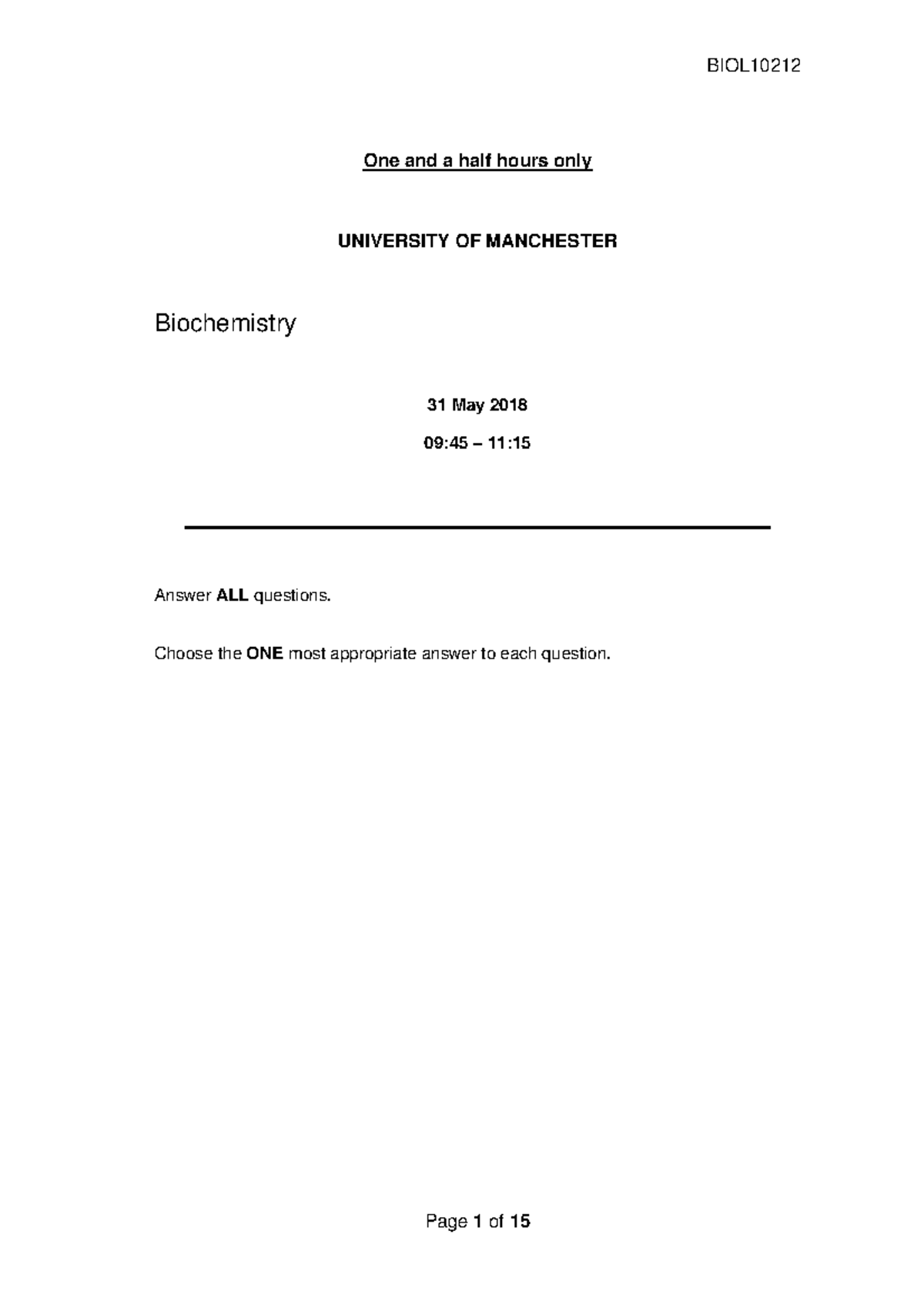 BIOL10212 Sem2 1718 Questions - One and a half hours only UNIVERSITY OF ...