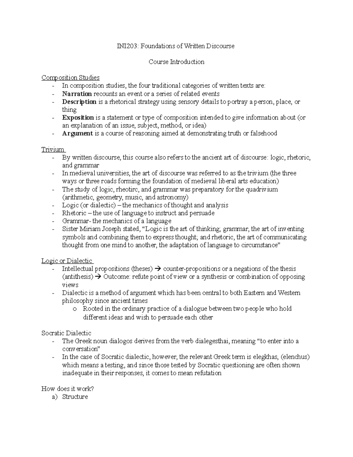 Lecture 1 Notes - INI203: Foundations of Written Discourse Course ...