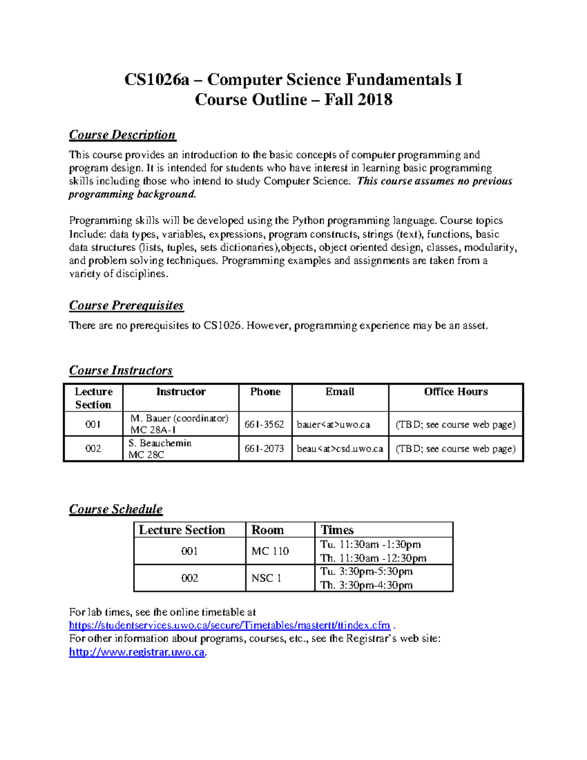 CS1026a Outline Fall2018 - CS1026a Computer Science Fundamentals I ...