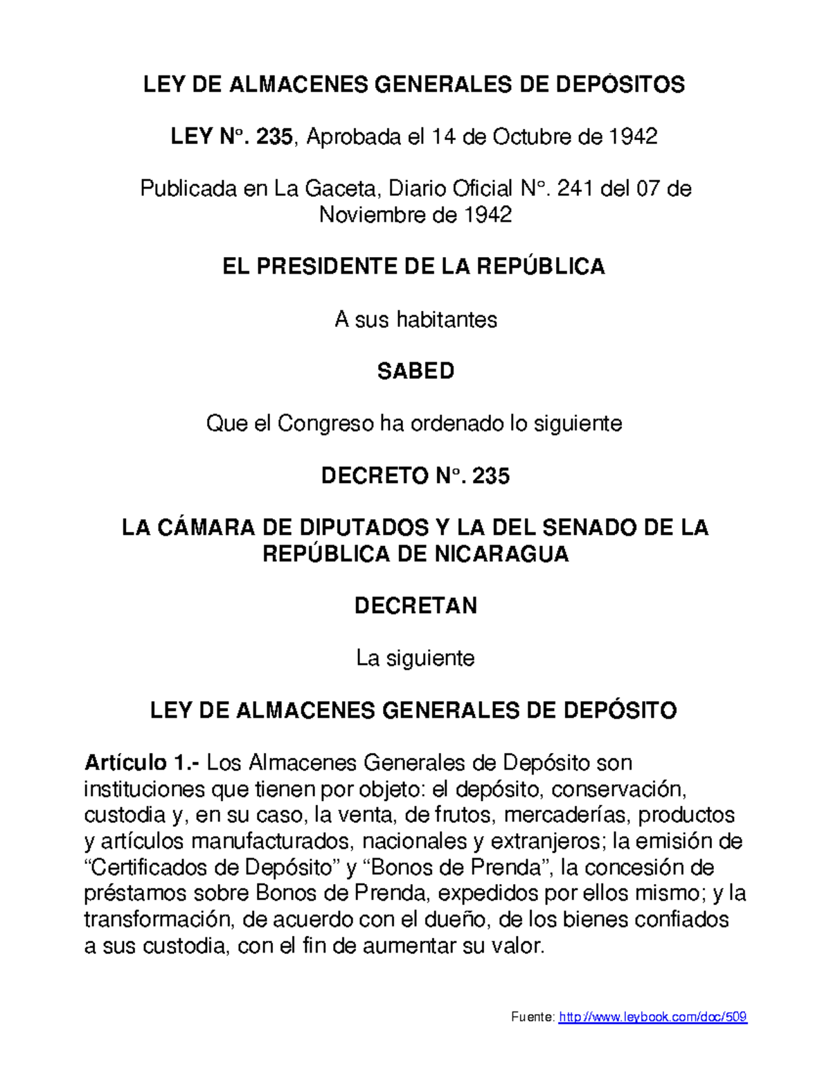 235 - apuntes - LEY DE ALMACENES GENERALES DE DEPÓSITOS LEY N°. 235 ...
