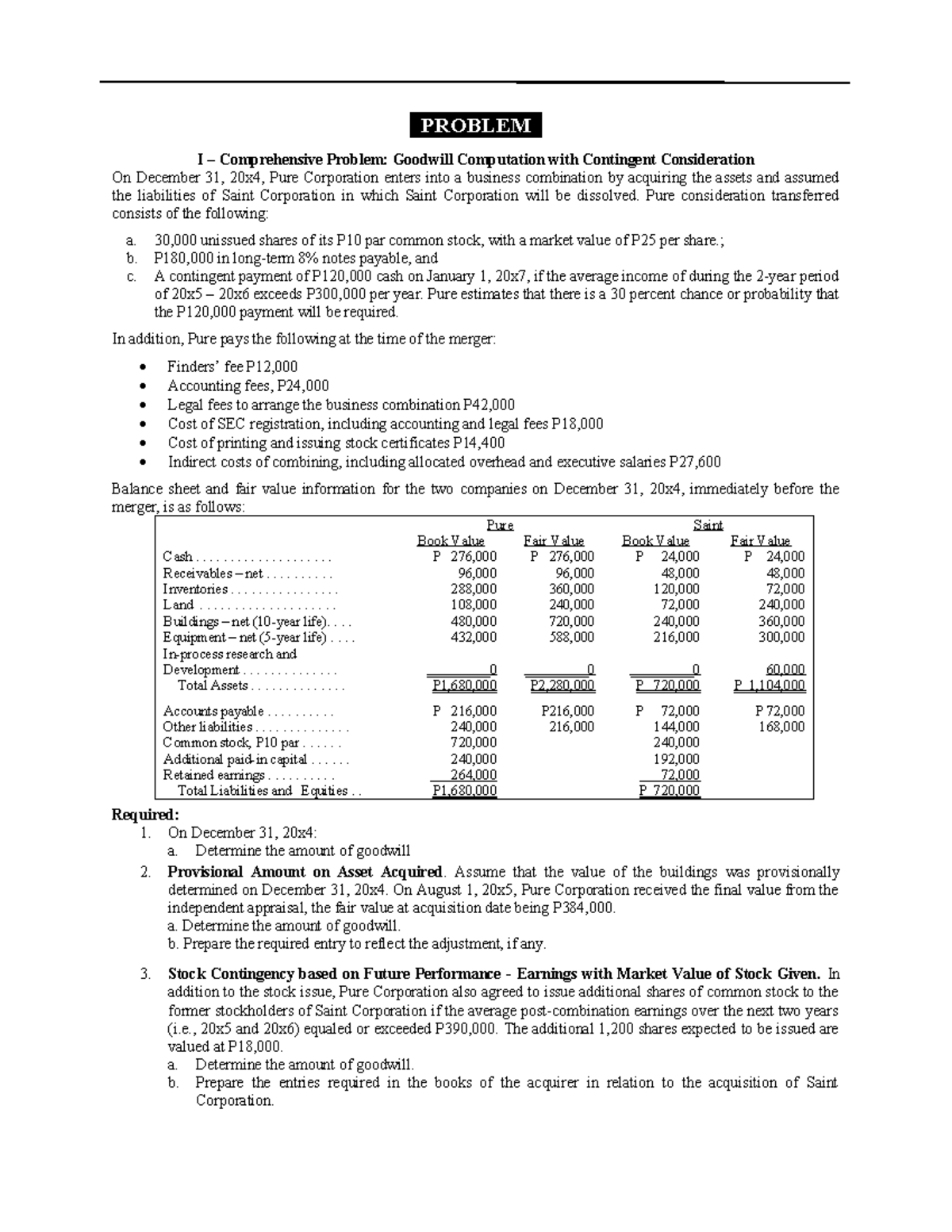 Pure company - AFAR 2 - PROBLEM I – Comprehensive Problem: Goodwill ...
