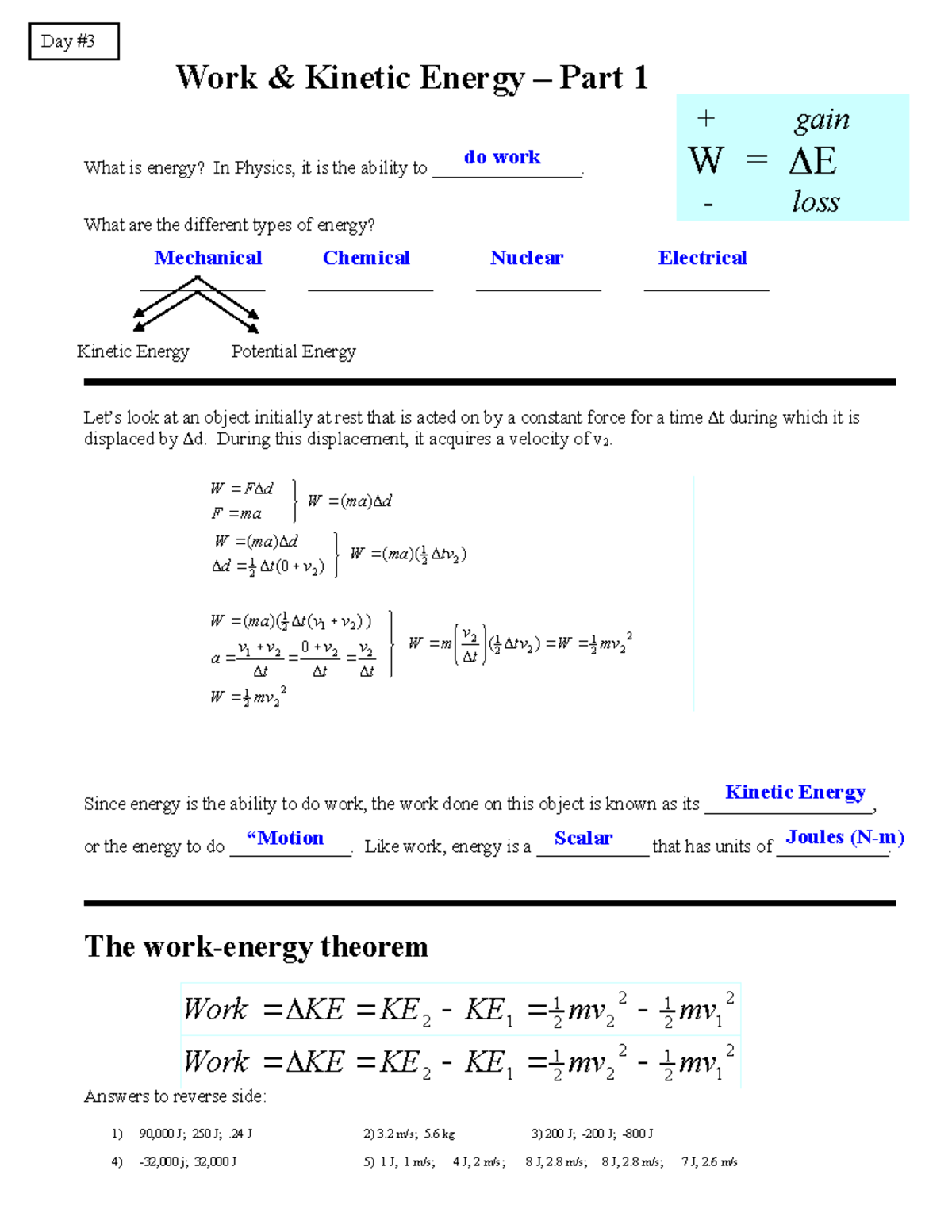 Day 3 - Work-KE part 1 KEY - Work & Kinetic Energy – Part 1 What is ...