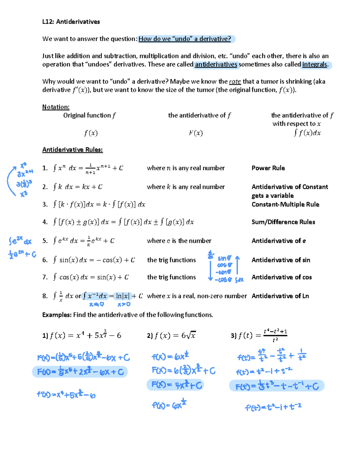 Lecture 12 - instructor Leslie Rodriguez - L12: Antiderivatives We want ...