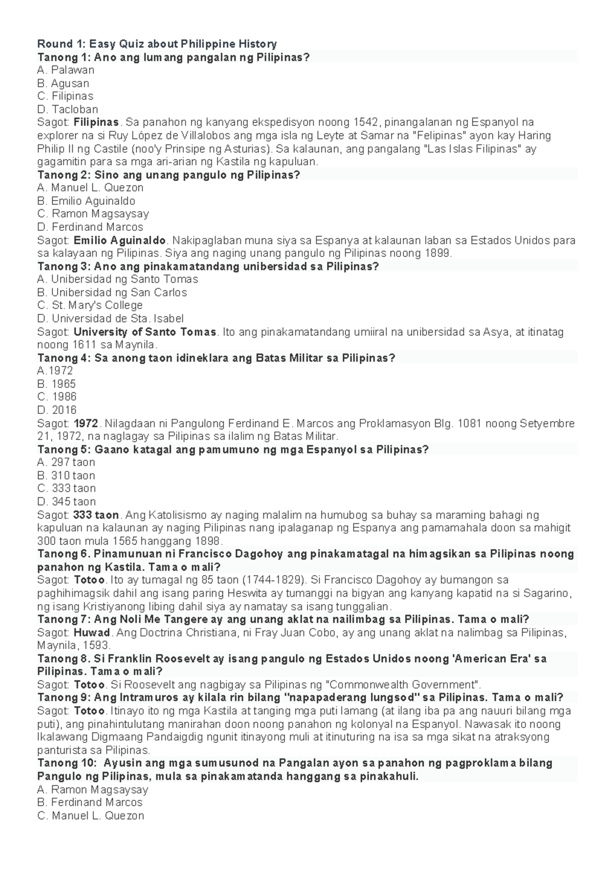 Philippine-history - iuhuj - Round 1: Easy Quiz about Philippine ...