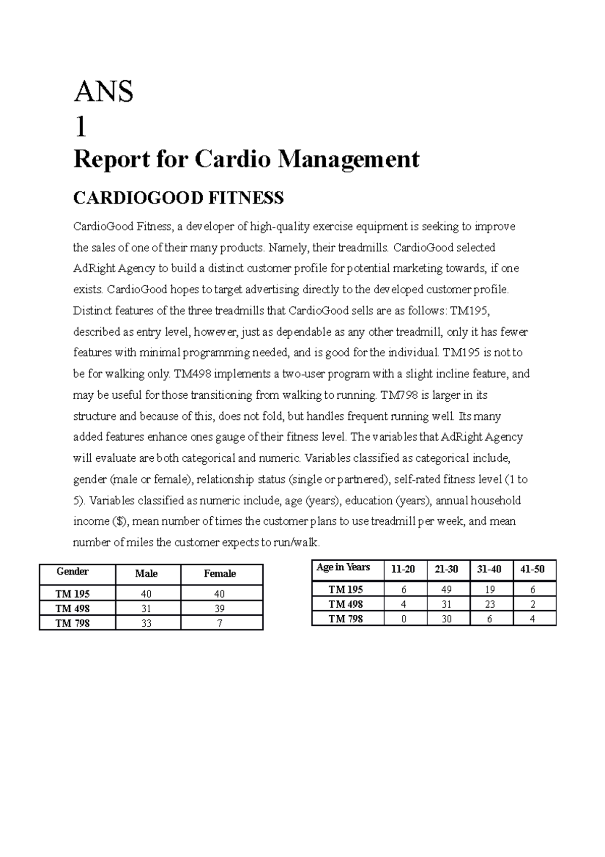 CASE Study DADM - ANS 1 Report for Cardio Management CARDIOGOOD FITNESS ...