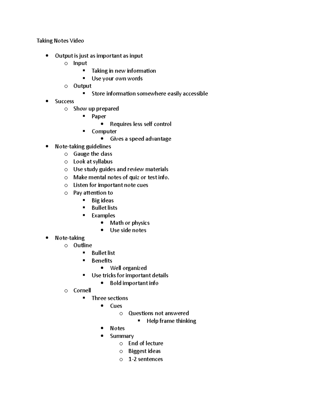 COL - 105 Learning Styles, Taking Notes - Taking Notes Video Output is ...