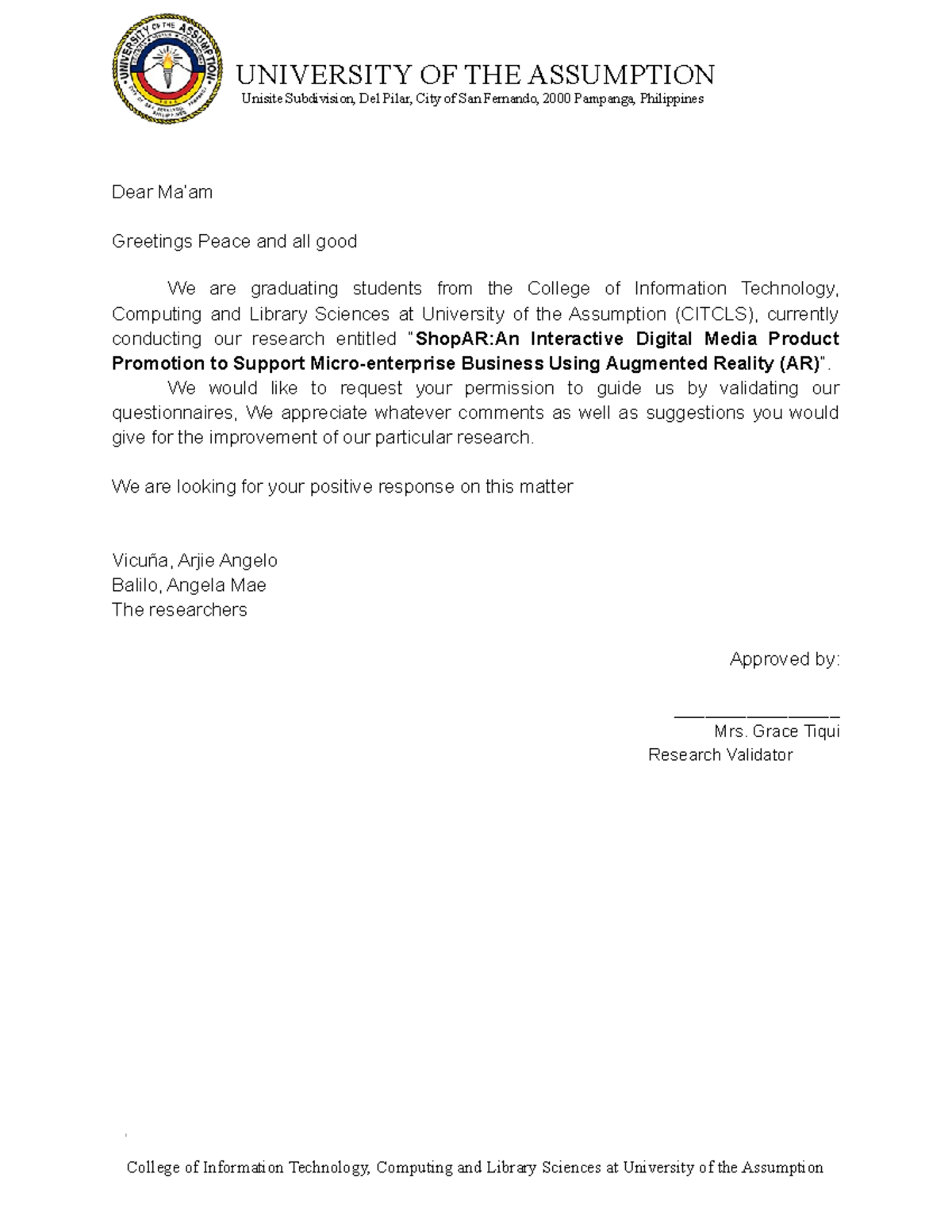 Validation Letter - hehr - UNIVERSITY OF THE ASSUMPTION Unisite ...