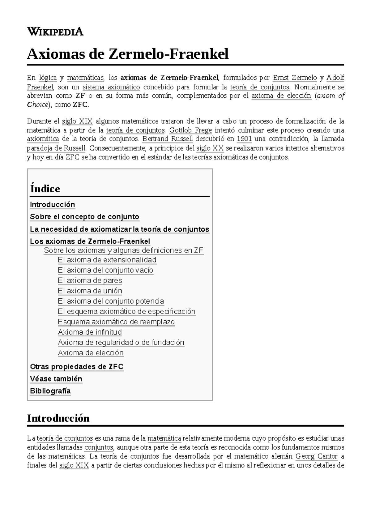 Axiomas de Zermelo-Fraenkel - Normalmente se abrevian como ZF o en su ...